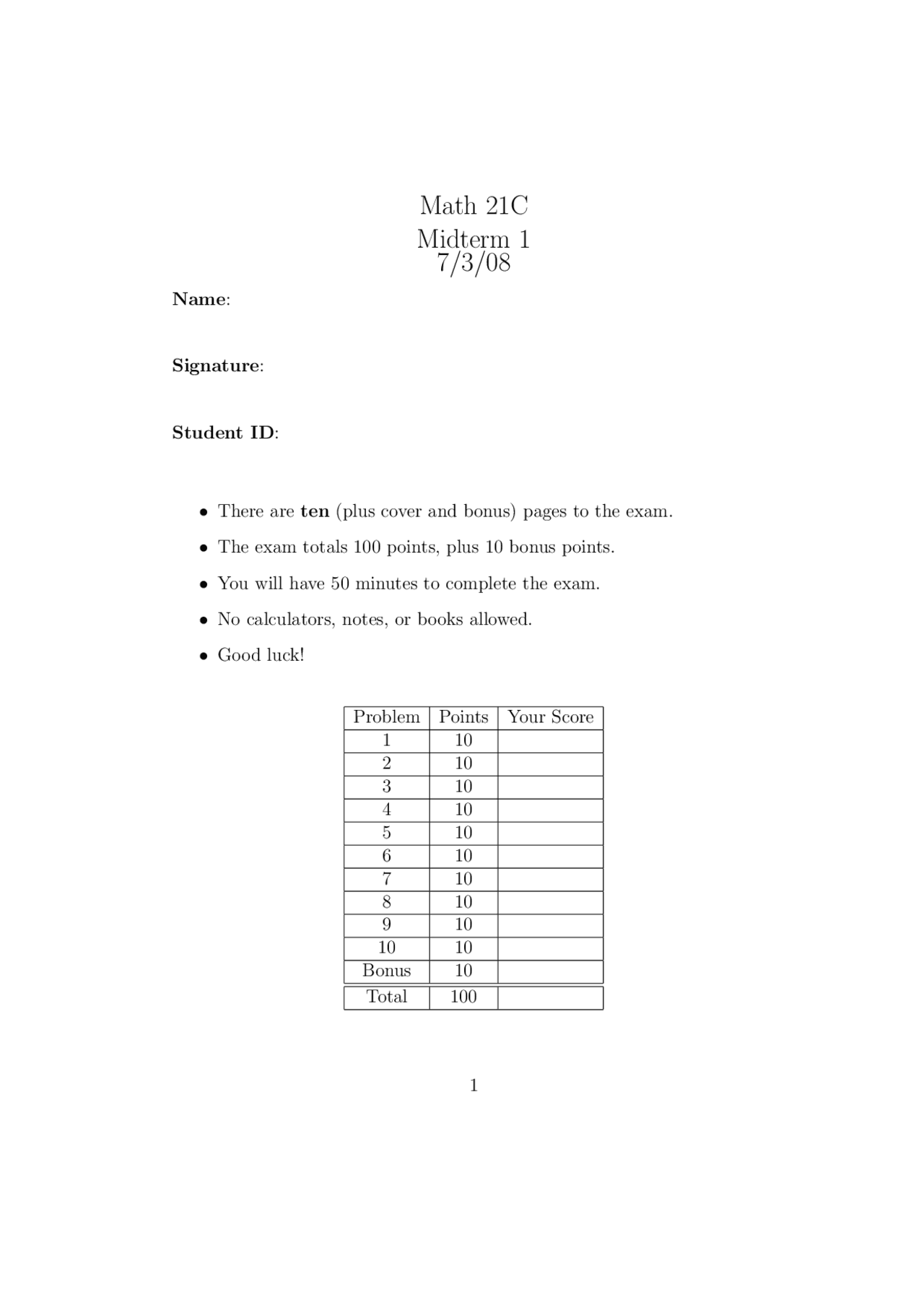 10 Questions For Midterm Exam 1 Questions Calculus Mat 021c Docsity