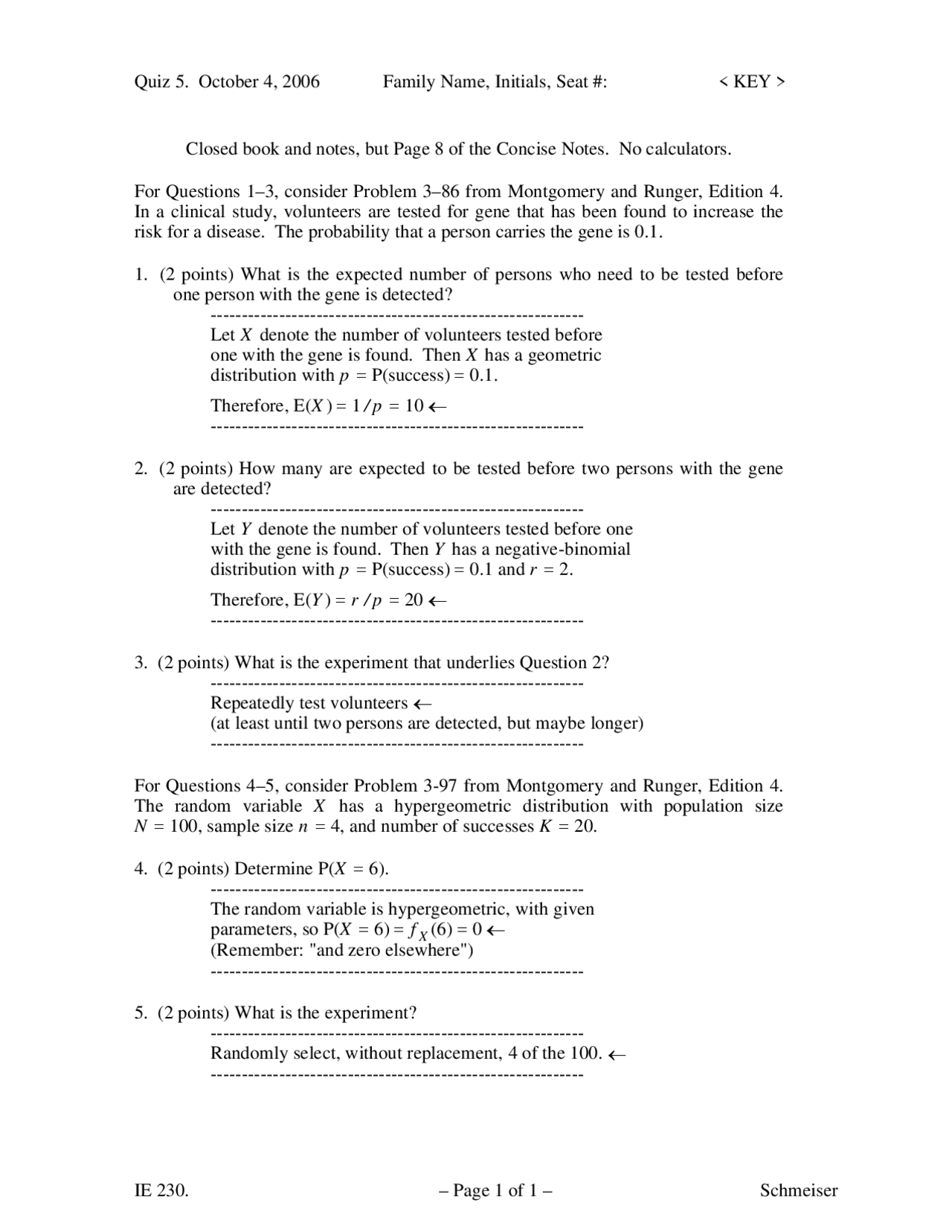 Quiz 5 Key - Probability and Statistics In Engineering I | IE 23000 | Quizzes Probability and ...