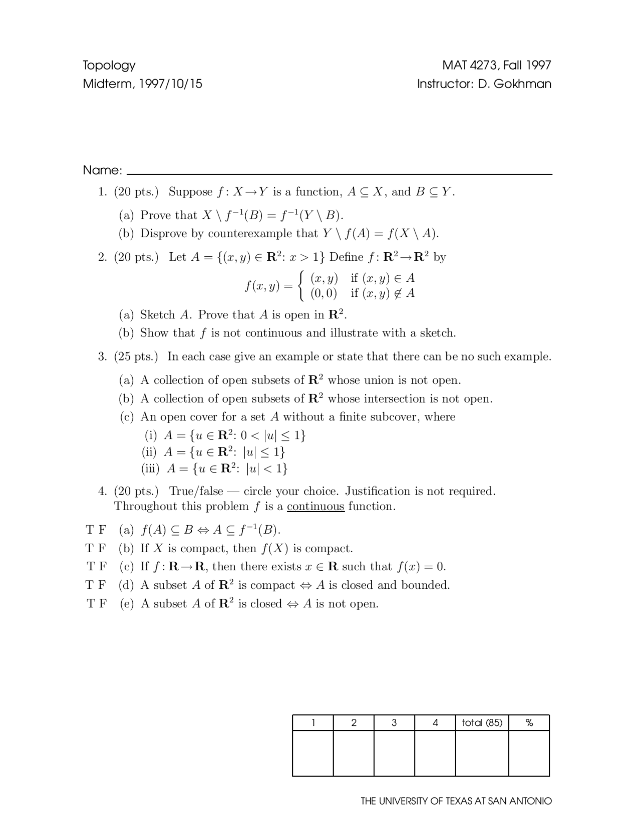 Midterm Exam Topology Fall 1997 Mat 4273 Docsity