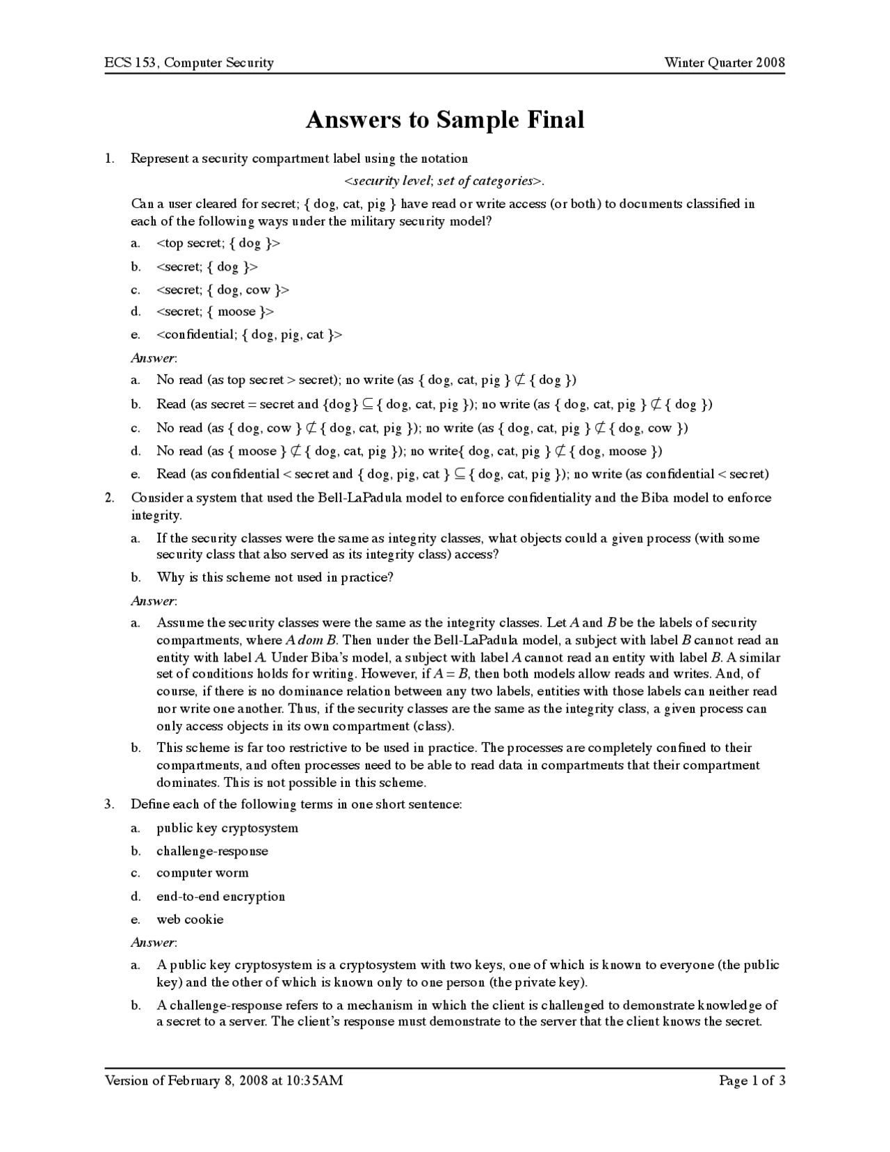 Answer To Sample Final Exam Computer Security Ecs 153 Docsity