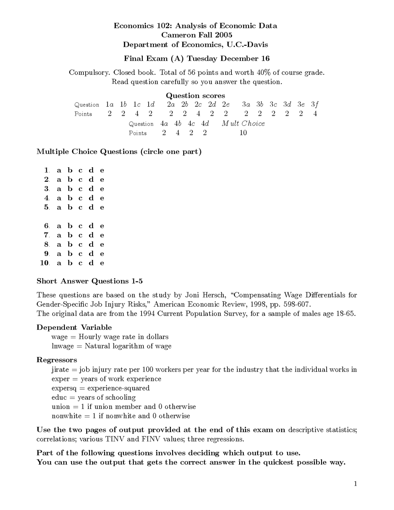 Final Exam Questions For Analysis Of Economic Data Ecn 102 Docsity