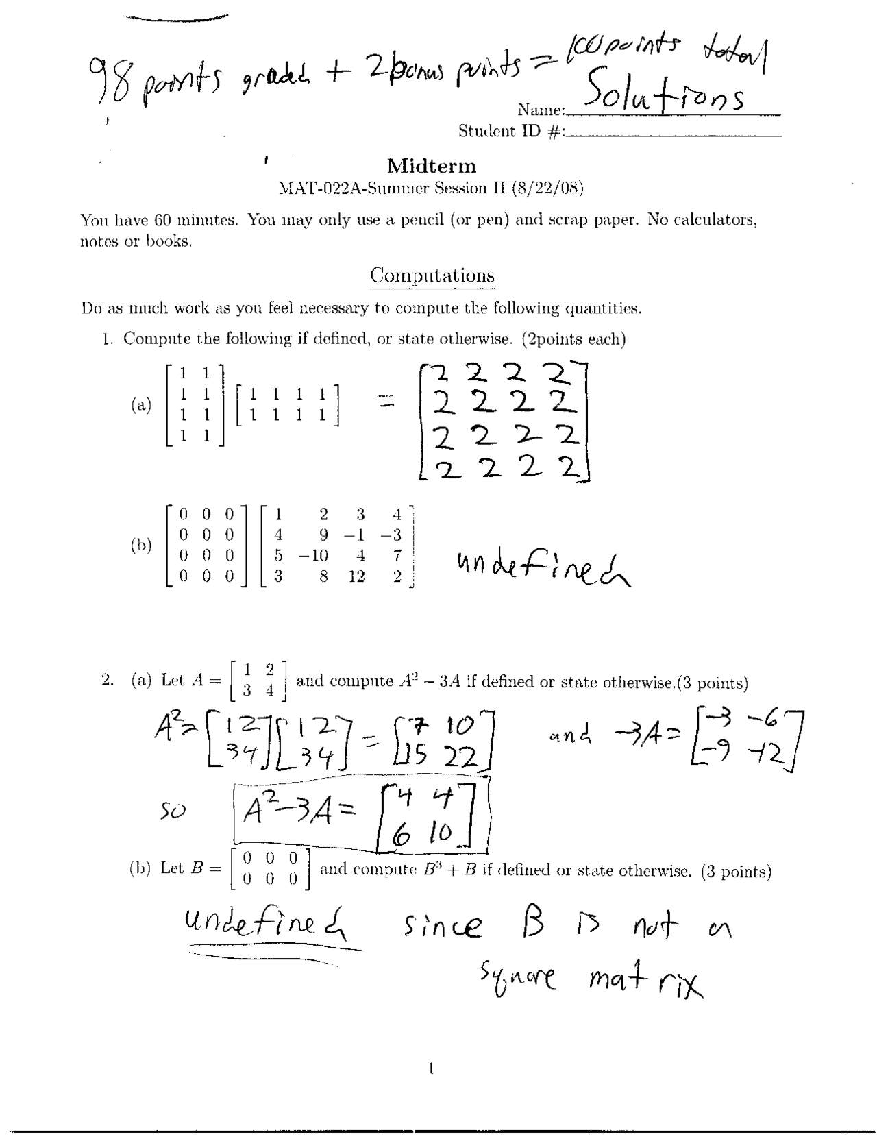 Linear Algebra Solved Midterm Exam Mat 022a Examens Algèbre