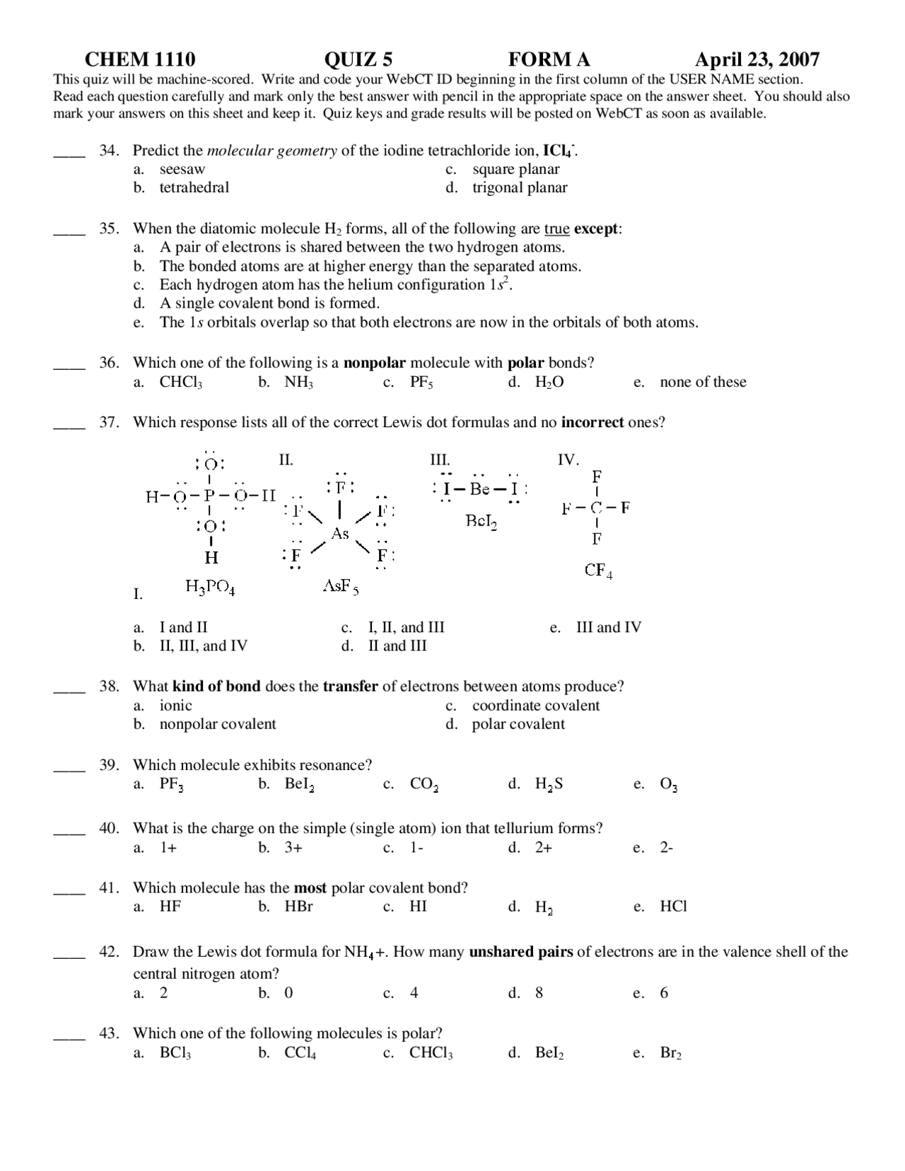 Quiz Five Solved - General Chemistry | CHEM 1110 - Docsity