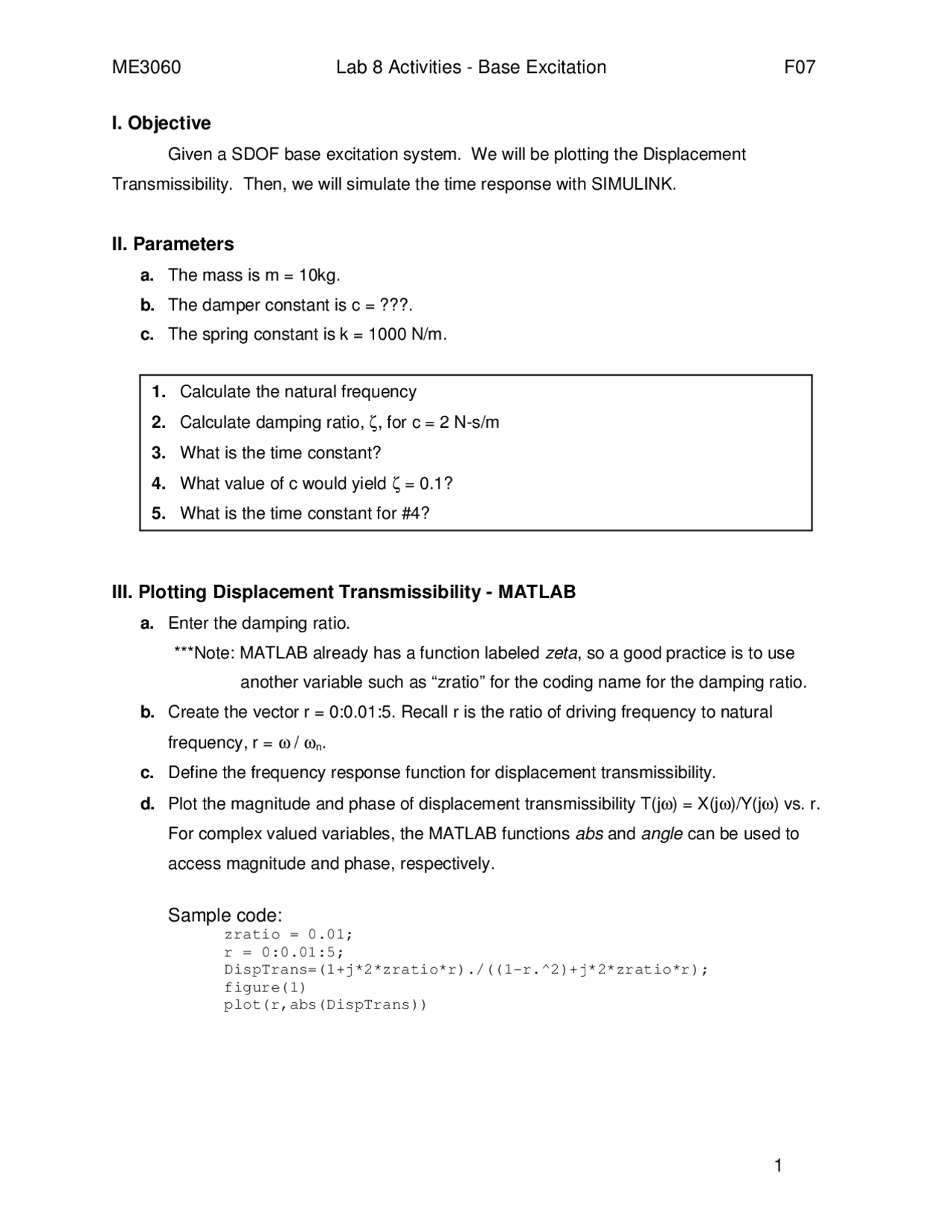 Base Excitation – Activities Lab 8 | ME 3060 | Lab Reports Mechanical Engineering | Docsity