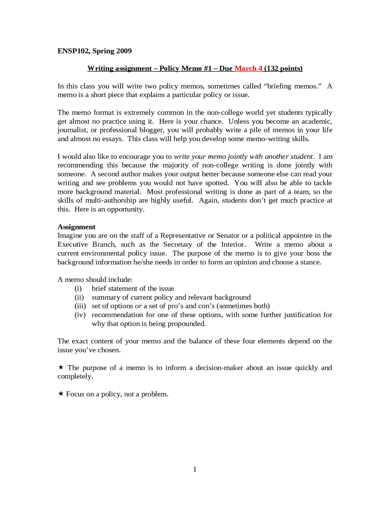 Policy Memo Assignment 1 Introduction Environment Policy Ensp 102