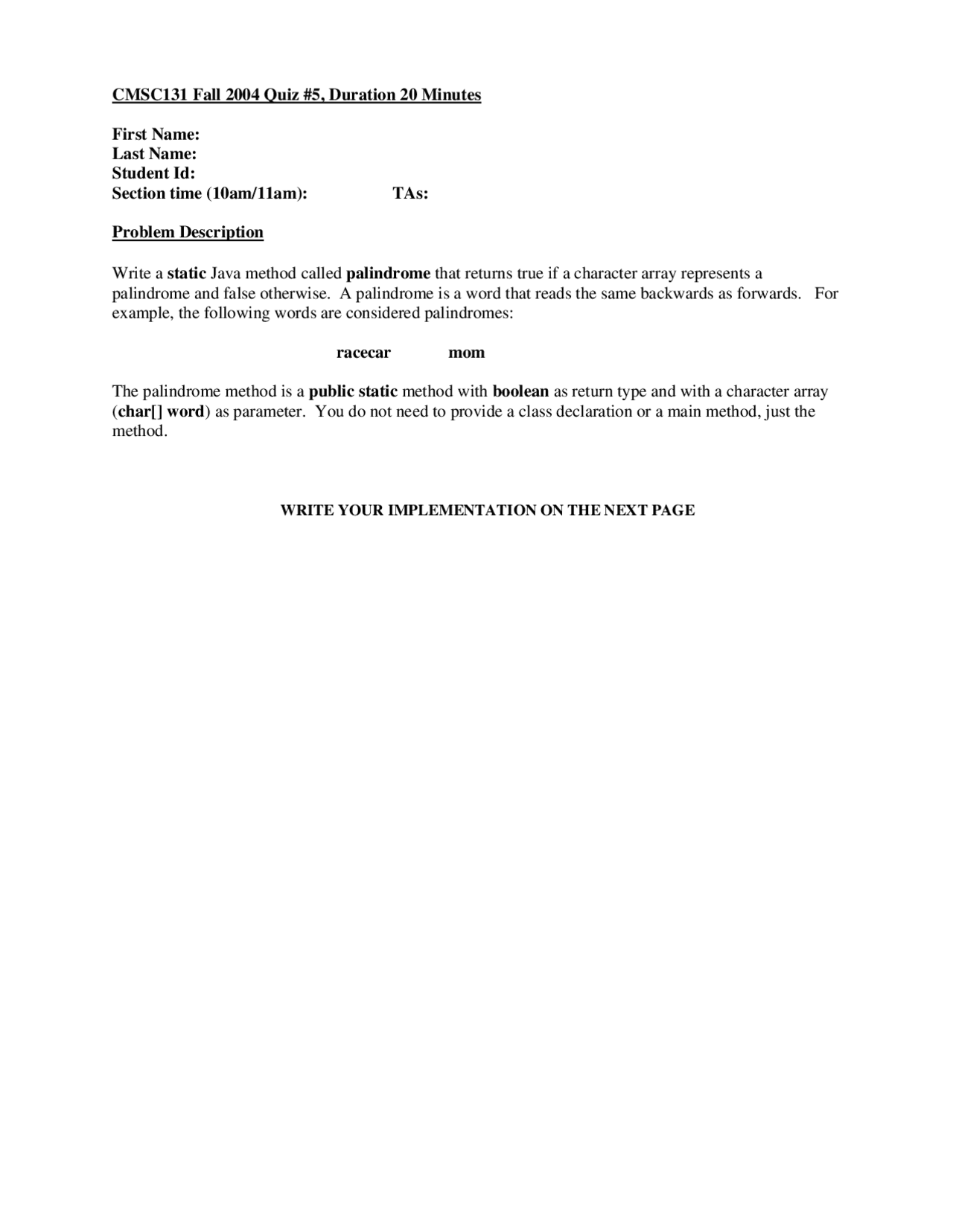 Quiz 5 Problem Description Object Oriented Programming Cmsc 131 3323