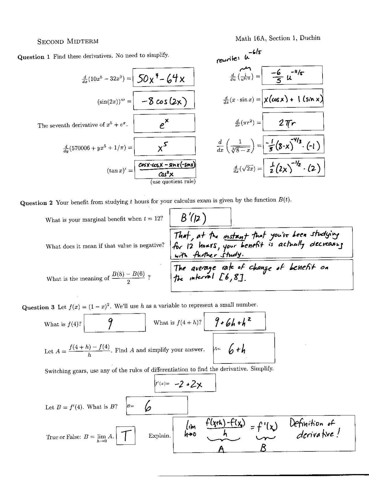 Calculus Midterm Exam Questions With Solutions Mat 016a Docsity