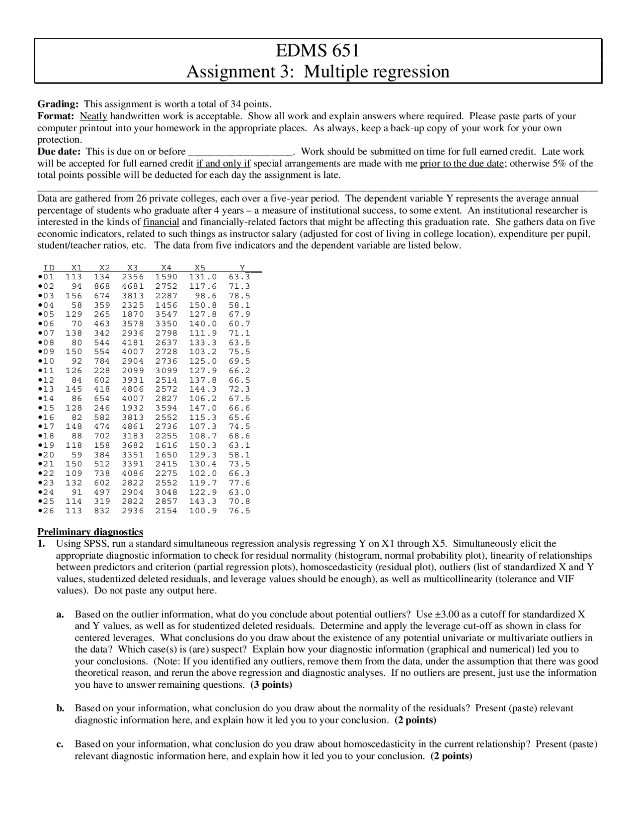 Sample Questions For Assignment 3 Multiple Regression Edms 651