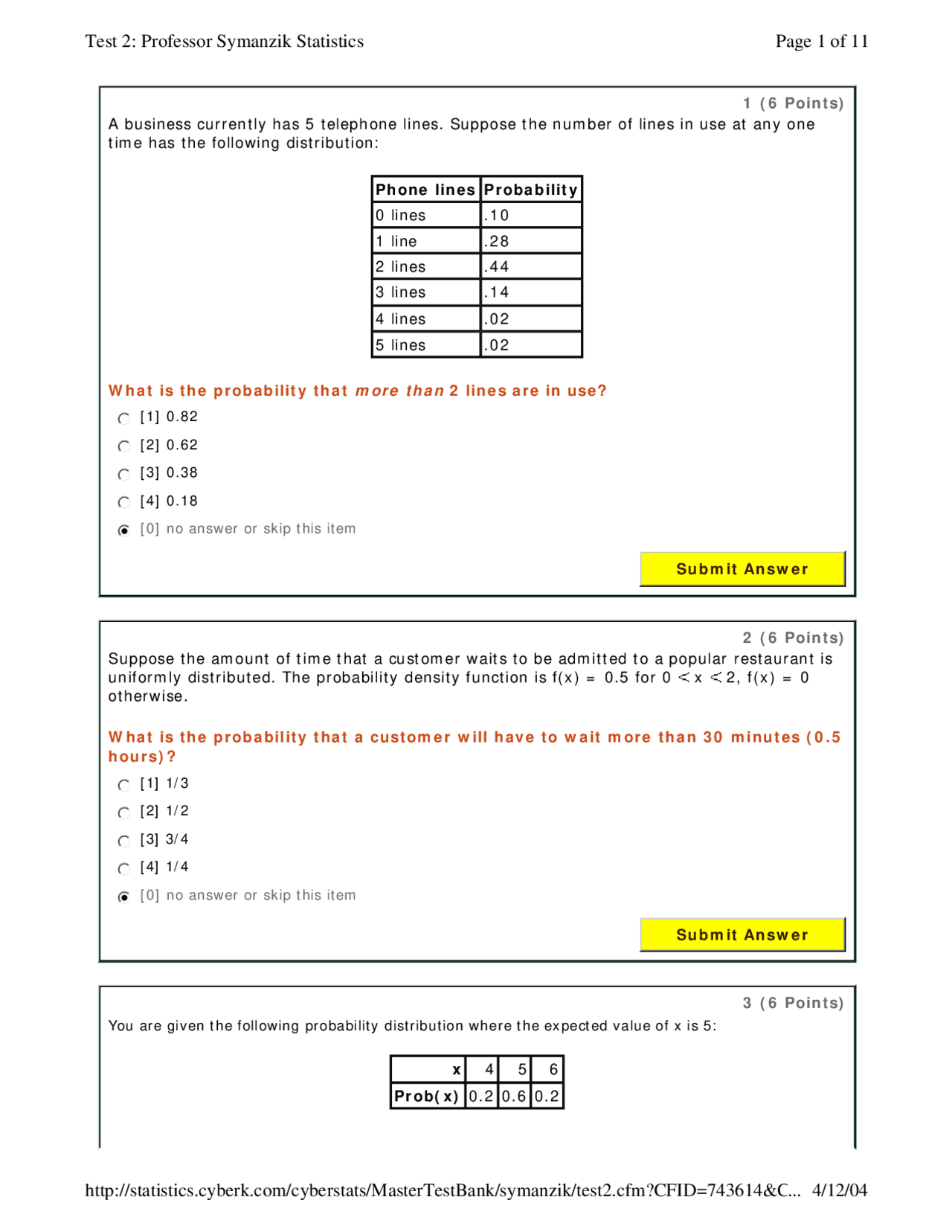 Test Ii With Answers Statistical Methods Stat 2000 Docsity