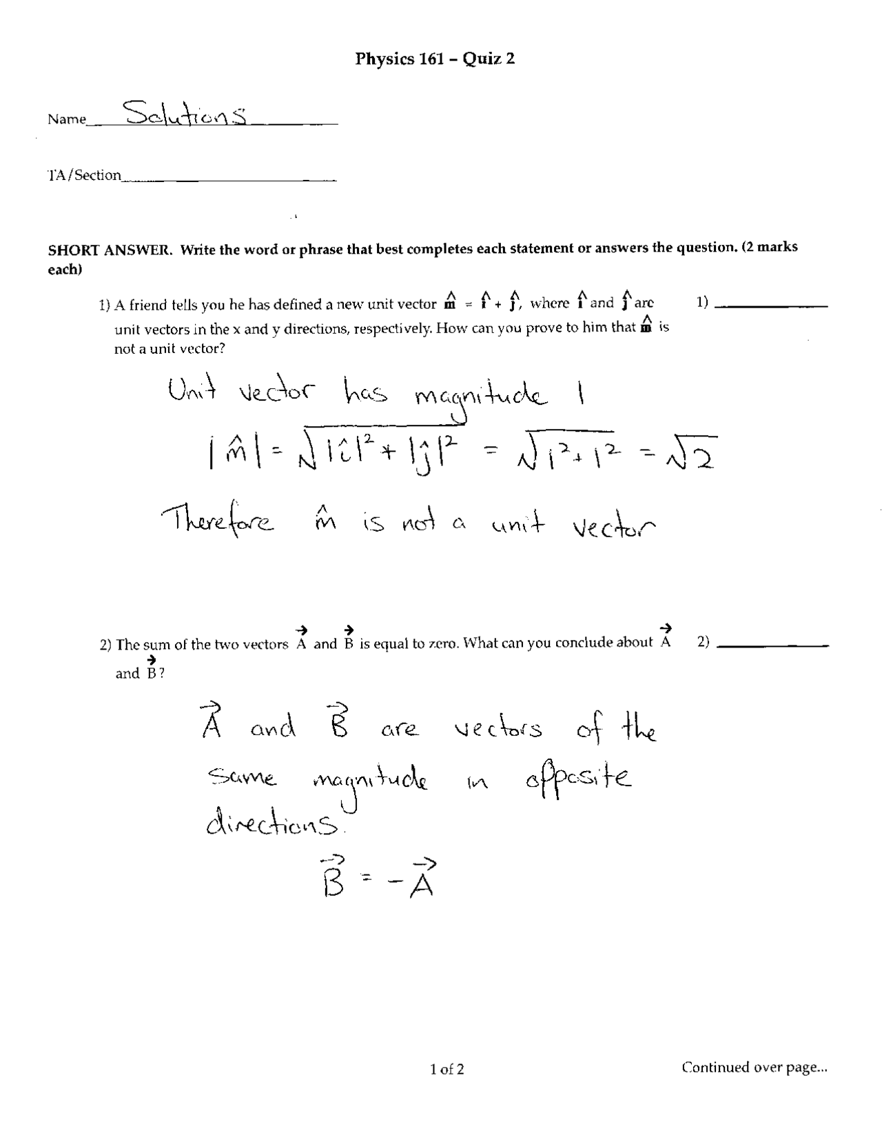 5 Solved Problems On Unit Vector Magnitude Quiz 2 Phys 161 Docsity