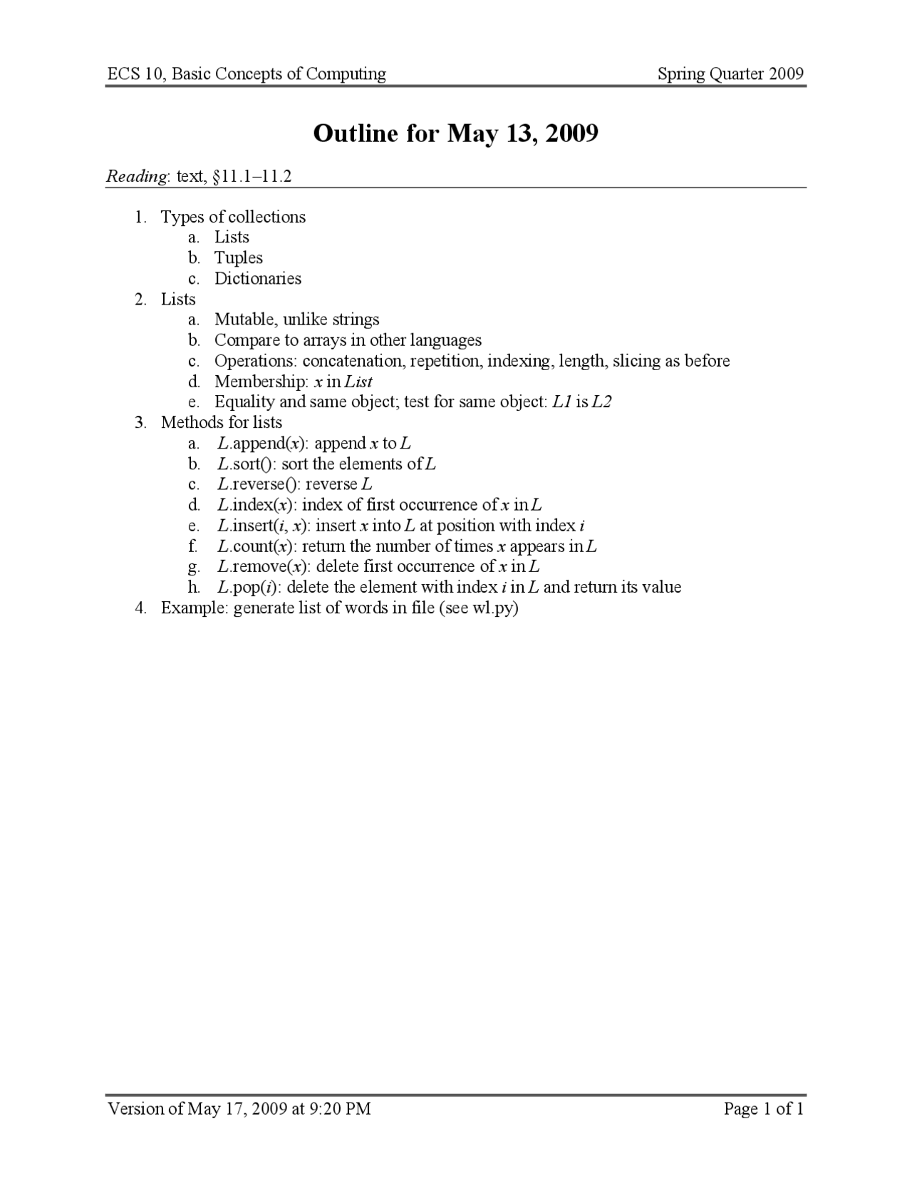 Types Of Collections Lists And Its Methods Concepts Of Computing Ecs 010 Docsity