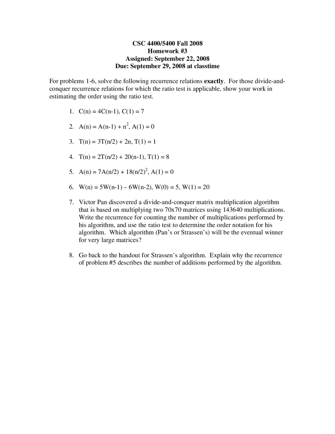 Homework 3 Analysis Of Algorithms Fall 2008 Csc 4400 Docsity