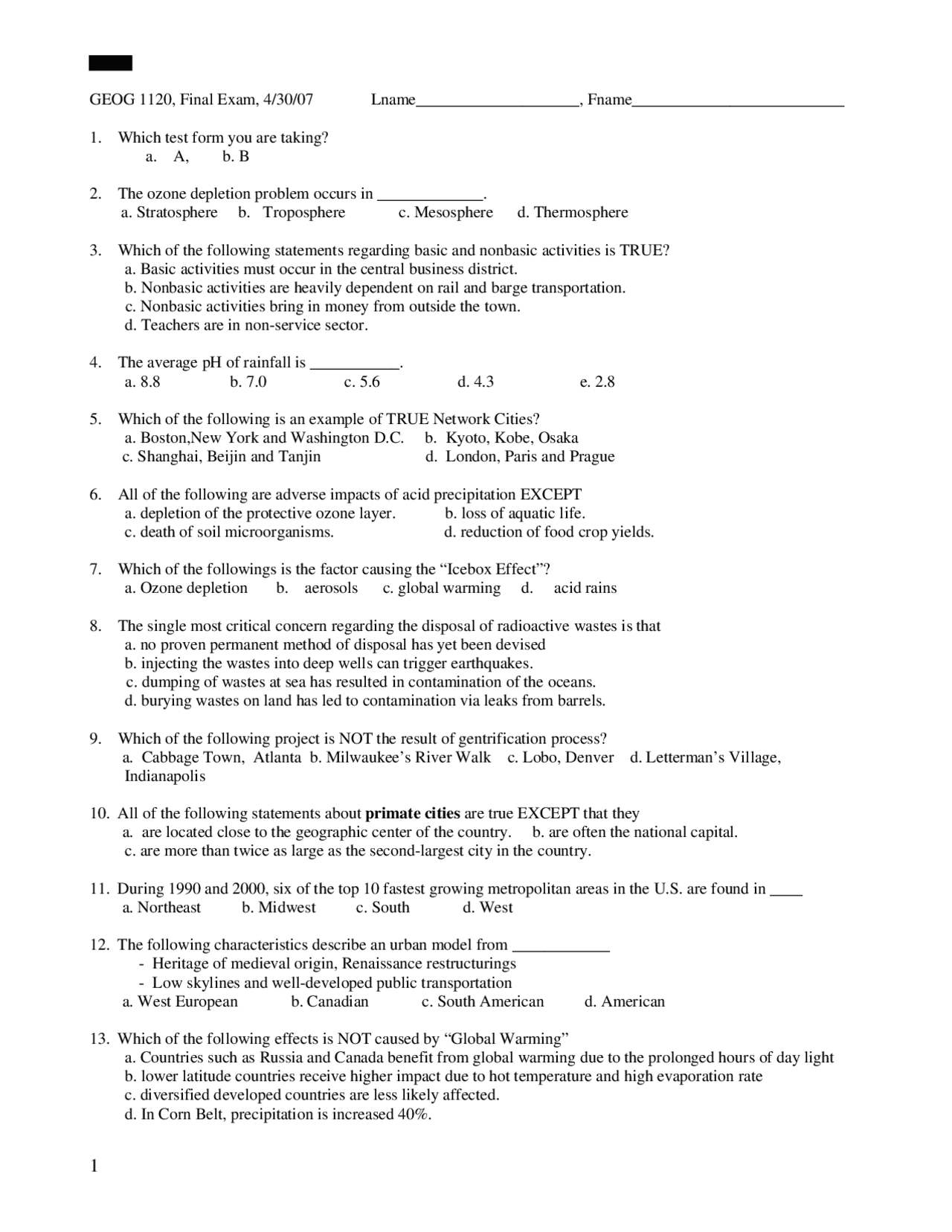 Practice Final Exam Introduction To Human Geography Geog 1120 Docsity
