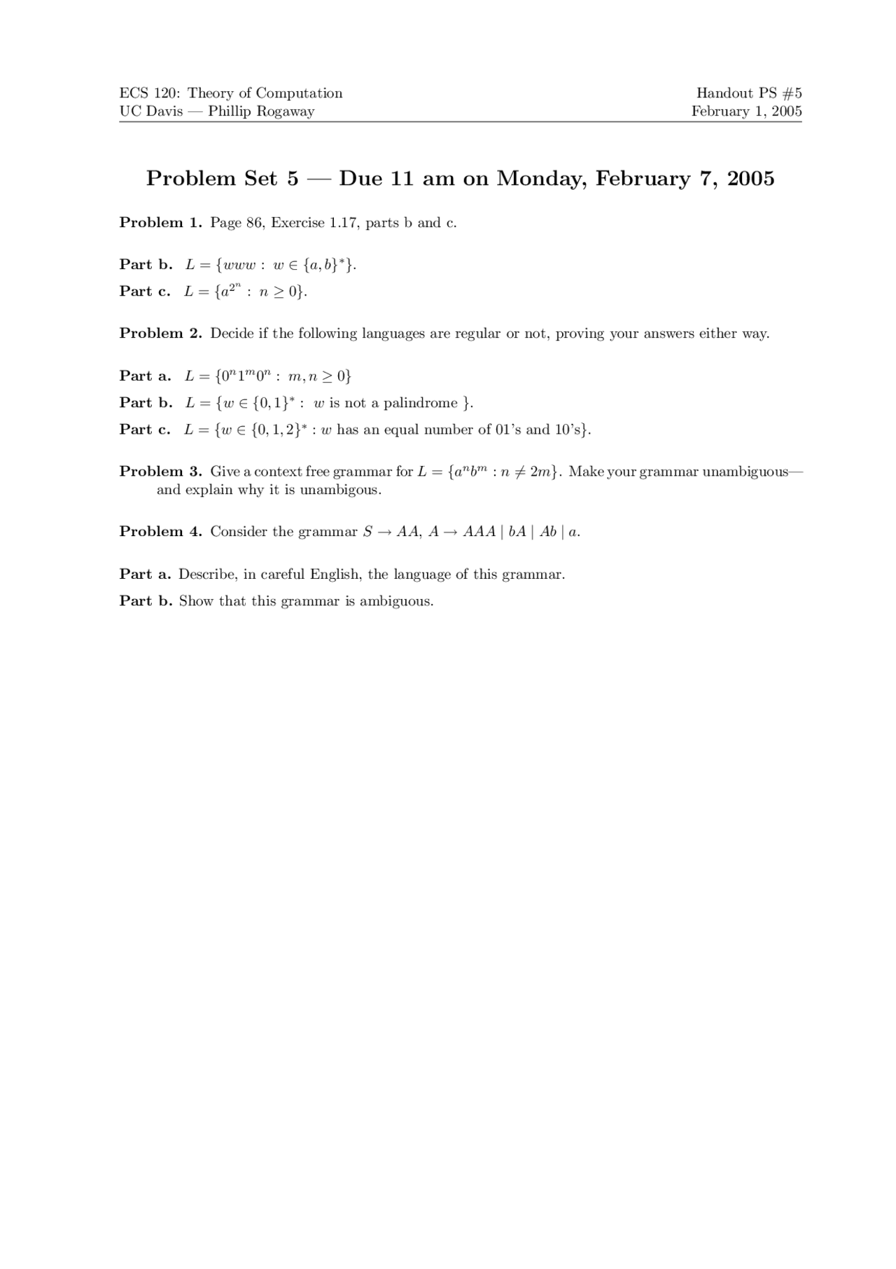 Theory Of Computation Homework 5 Ecs 120 Docsity