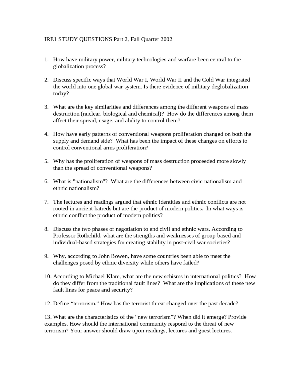 Study Questions for Assignment - Global Interdependence | IRE 001 - Docsity