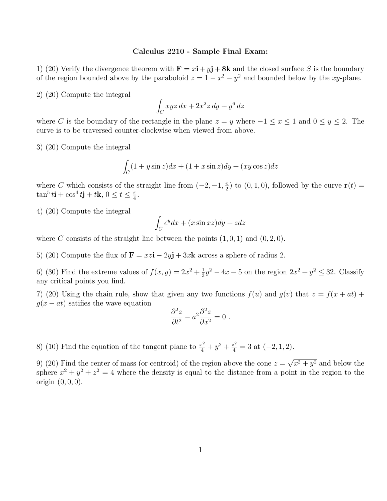 Sample Final Exam Multivariable Calculus Math 2210 Docsity