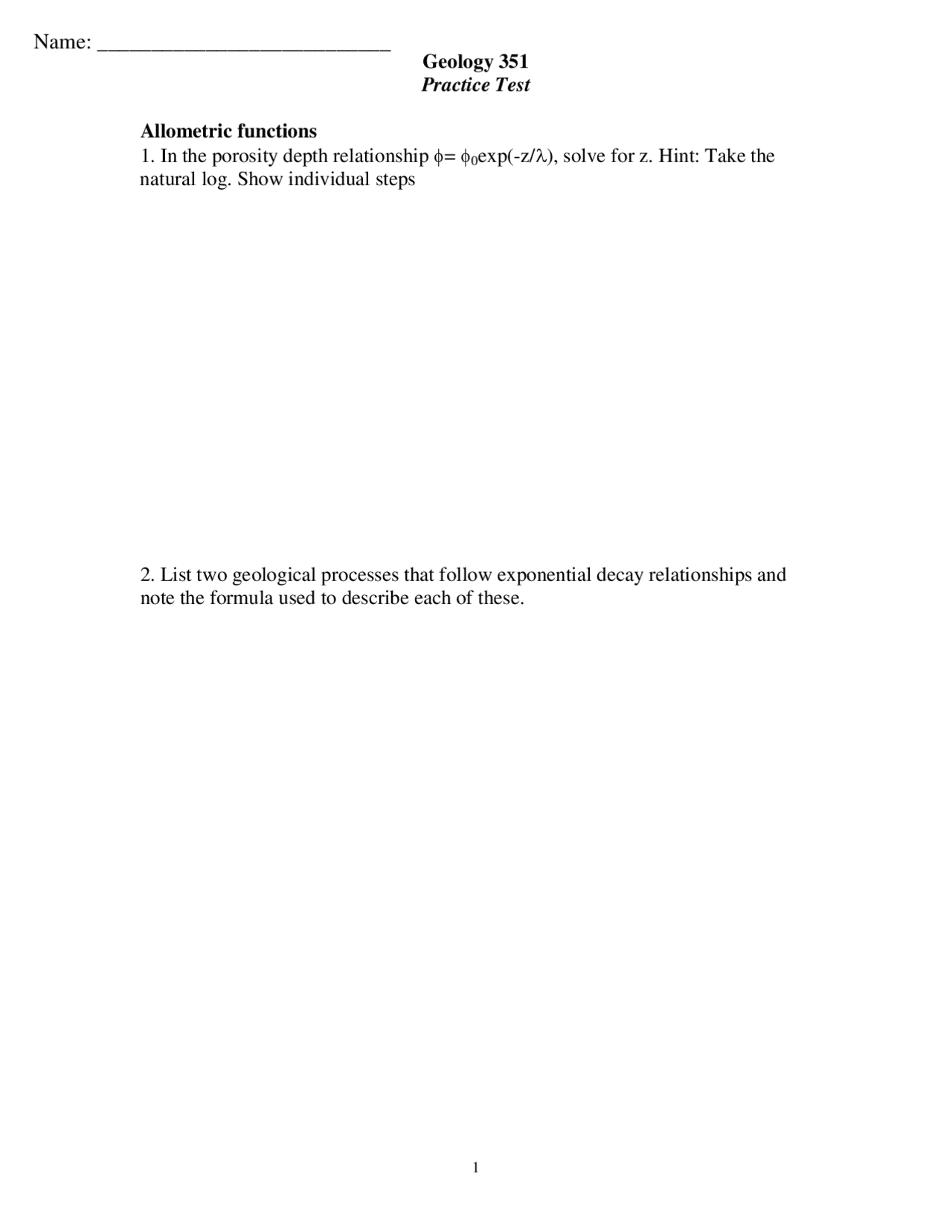 Practice Exam Geomathematics Geol 351 Docsity