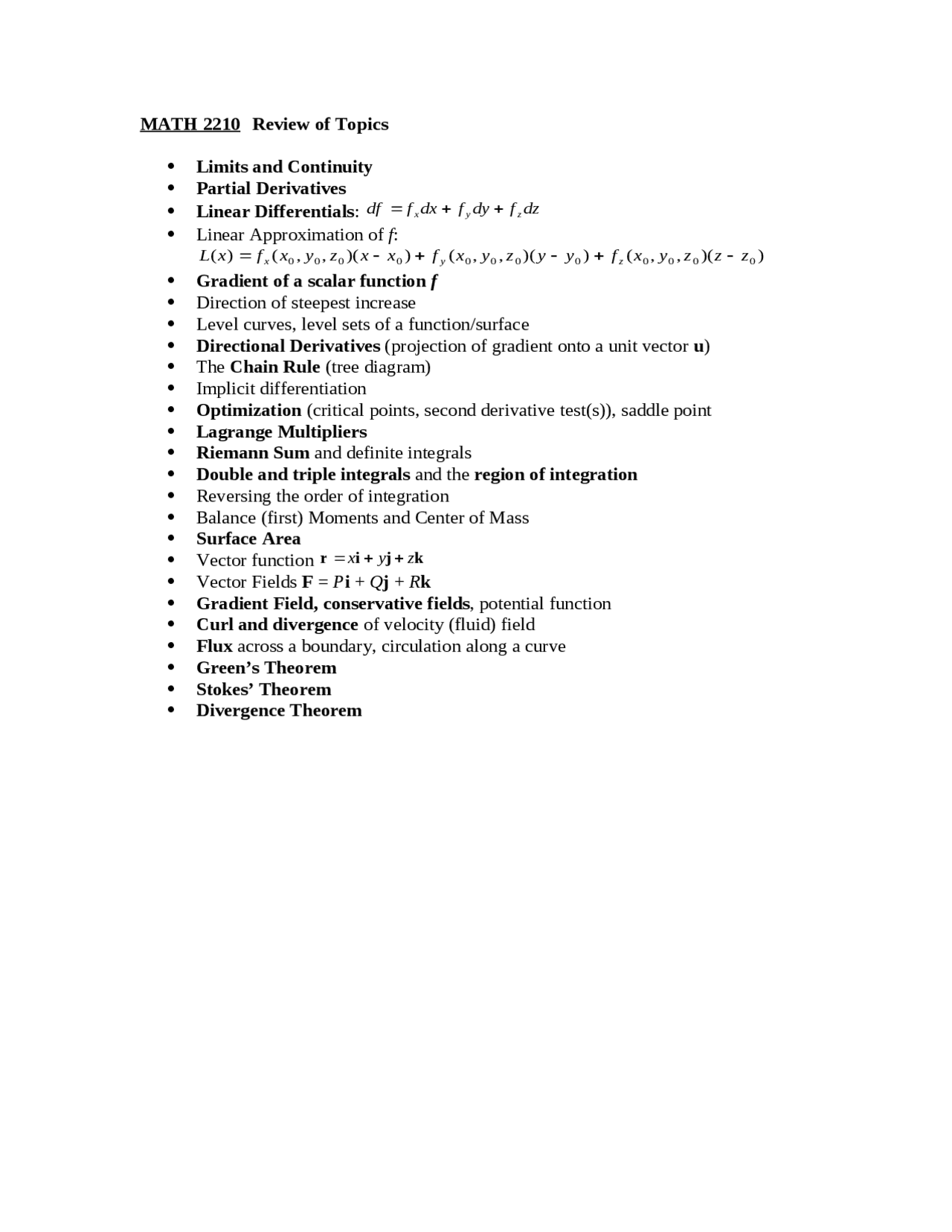Multivariable Calculus - Review of Topics | MATH 2210 | Study notes ...