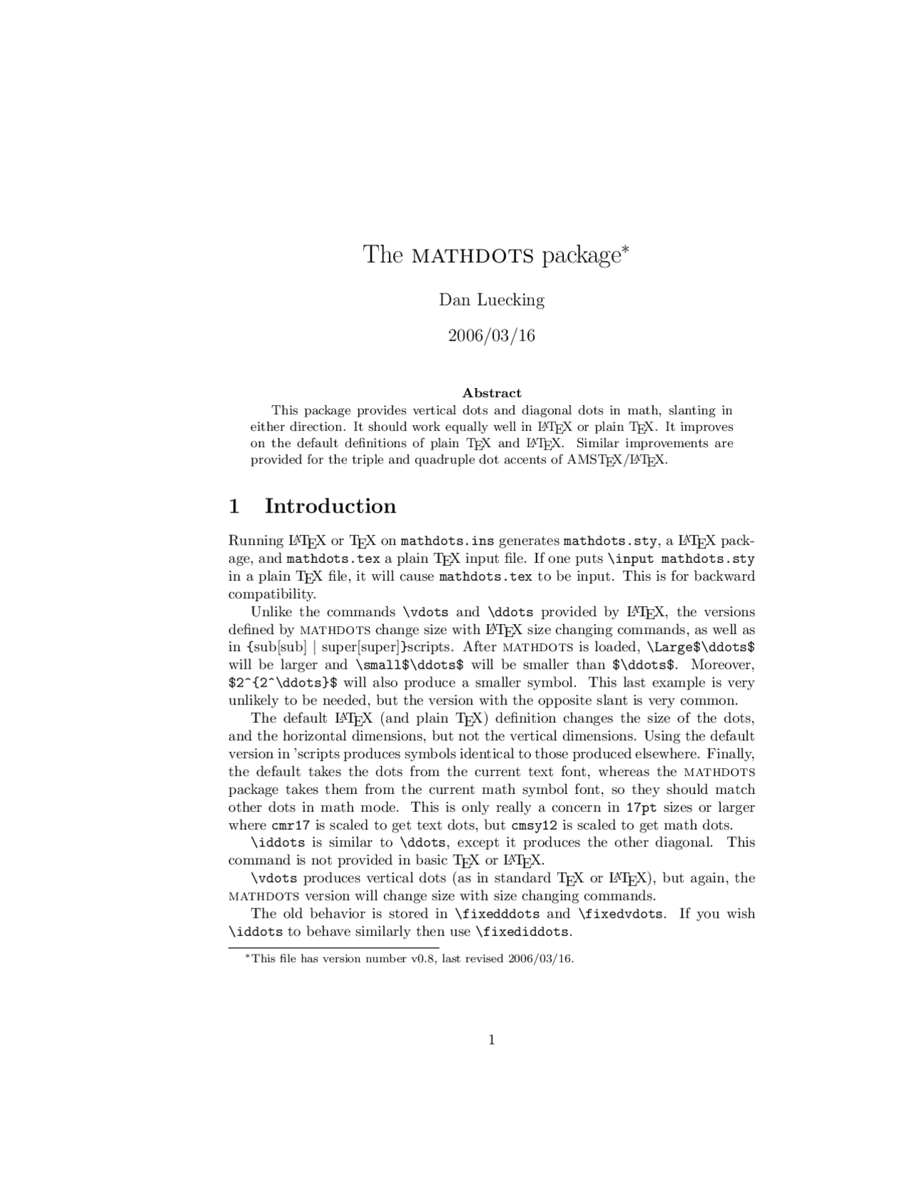 The Mathdots Package Mathematics Laboratory Paper Math M0050