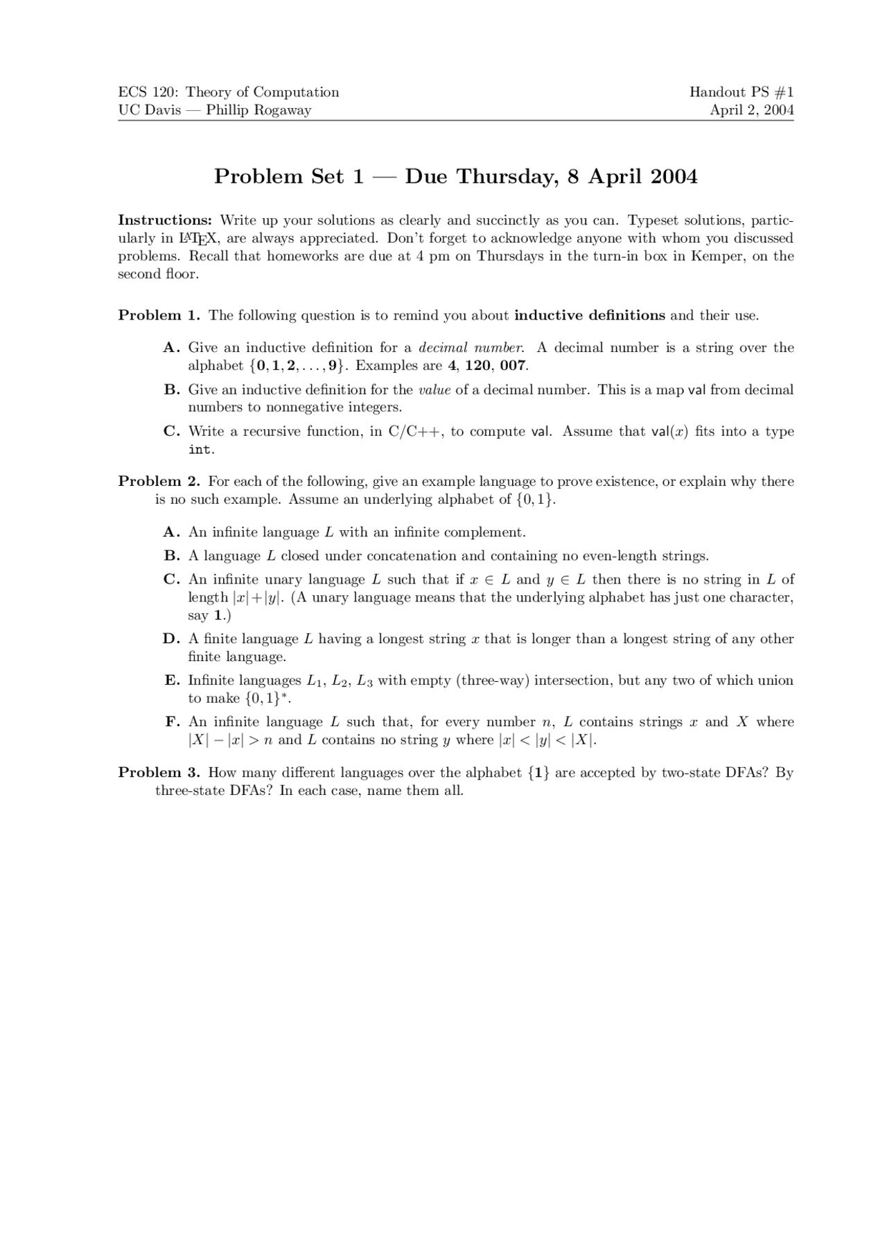 Assignment 1 For Introduction To Theory Computation Ecs 120 Docsity