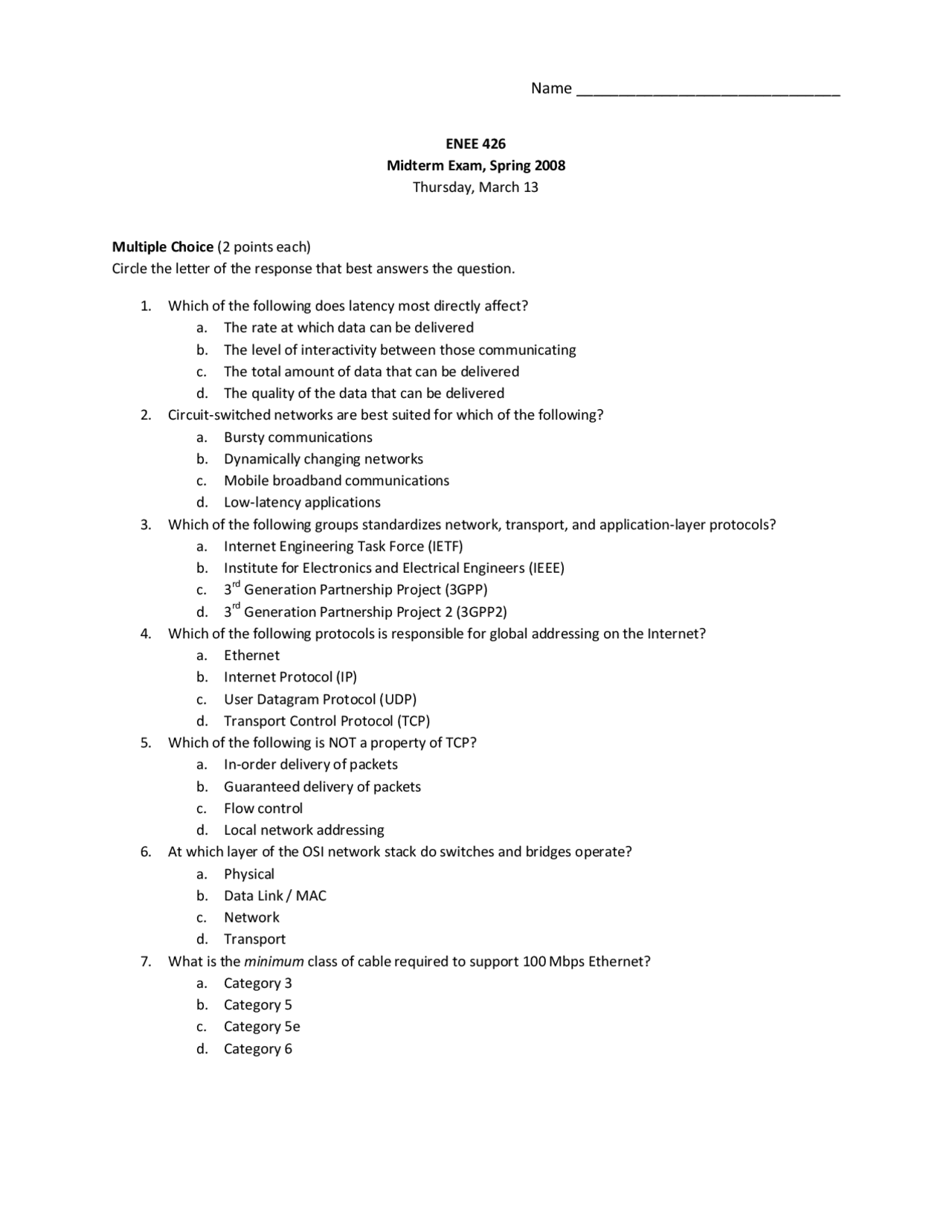 Communication Networks Unsolved Midterm Exam Enee 426 Docsity