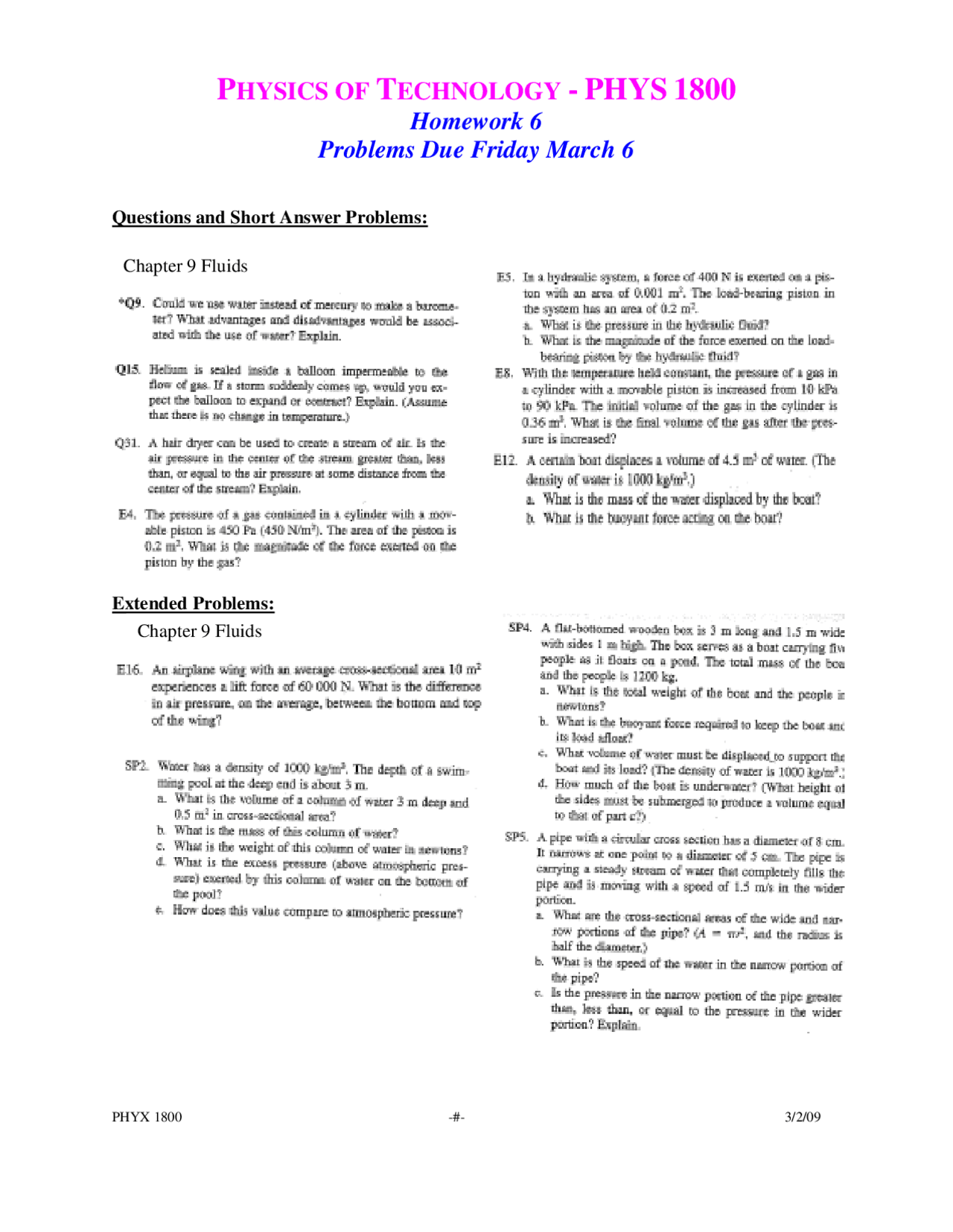 Assignment 6 Problems For Physics Of Technology Phys 1800 Docsity