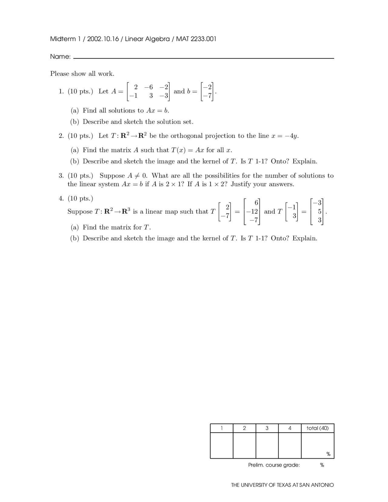Linear Algebra Midterm Exam - MAT 2233.001, UTSA, Oct 2002 | Exams Linear Algebra | Docsity