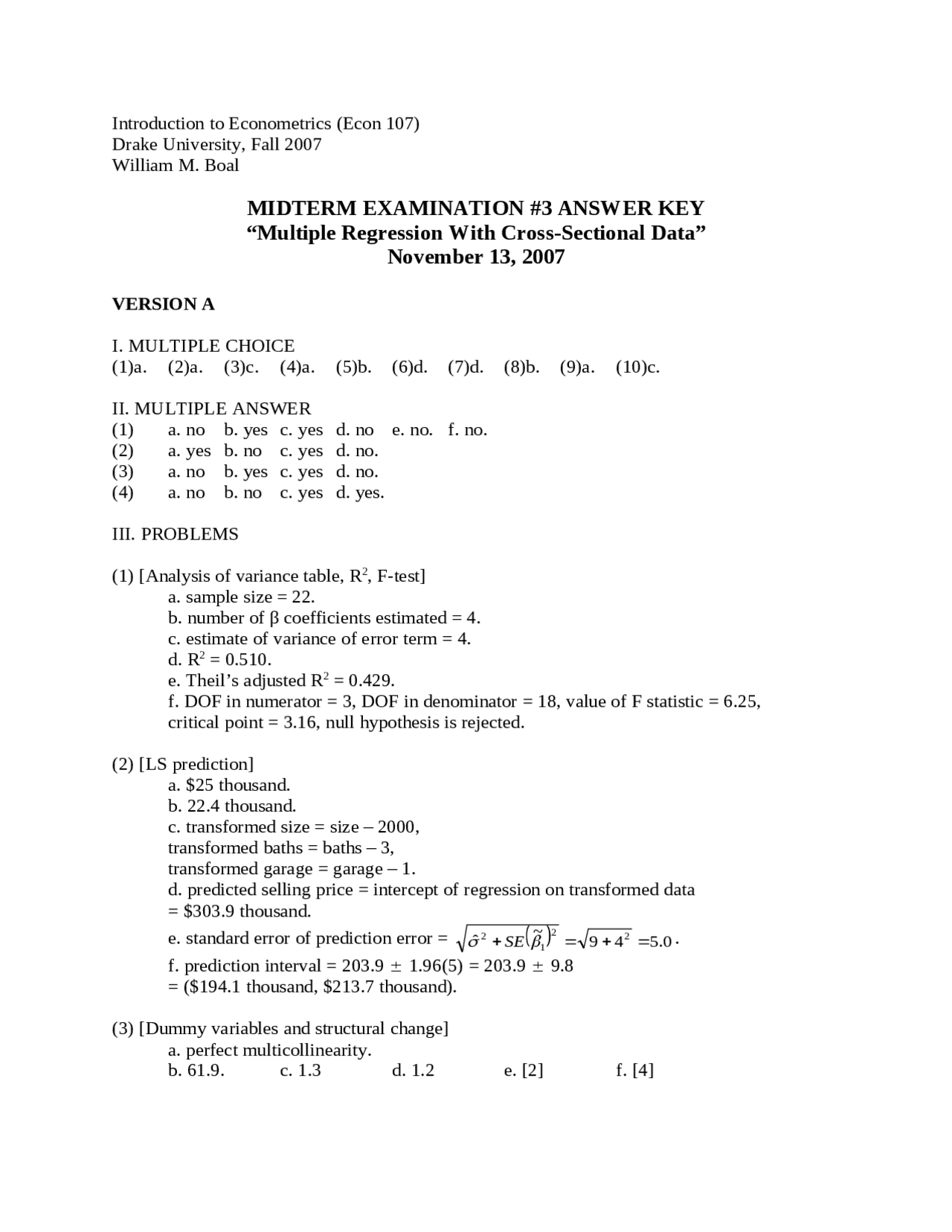 Midterm Examination 3 With Answer Key Introduction To Econometrics