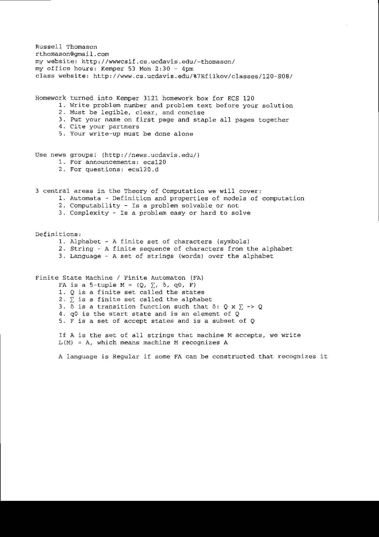 Introduction Of Theory Computation Class Notes Ecs 120 Docsity