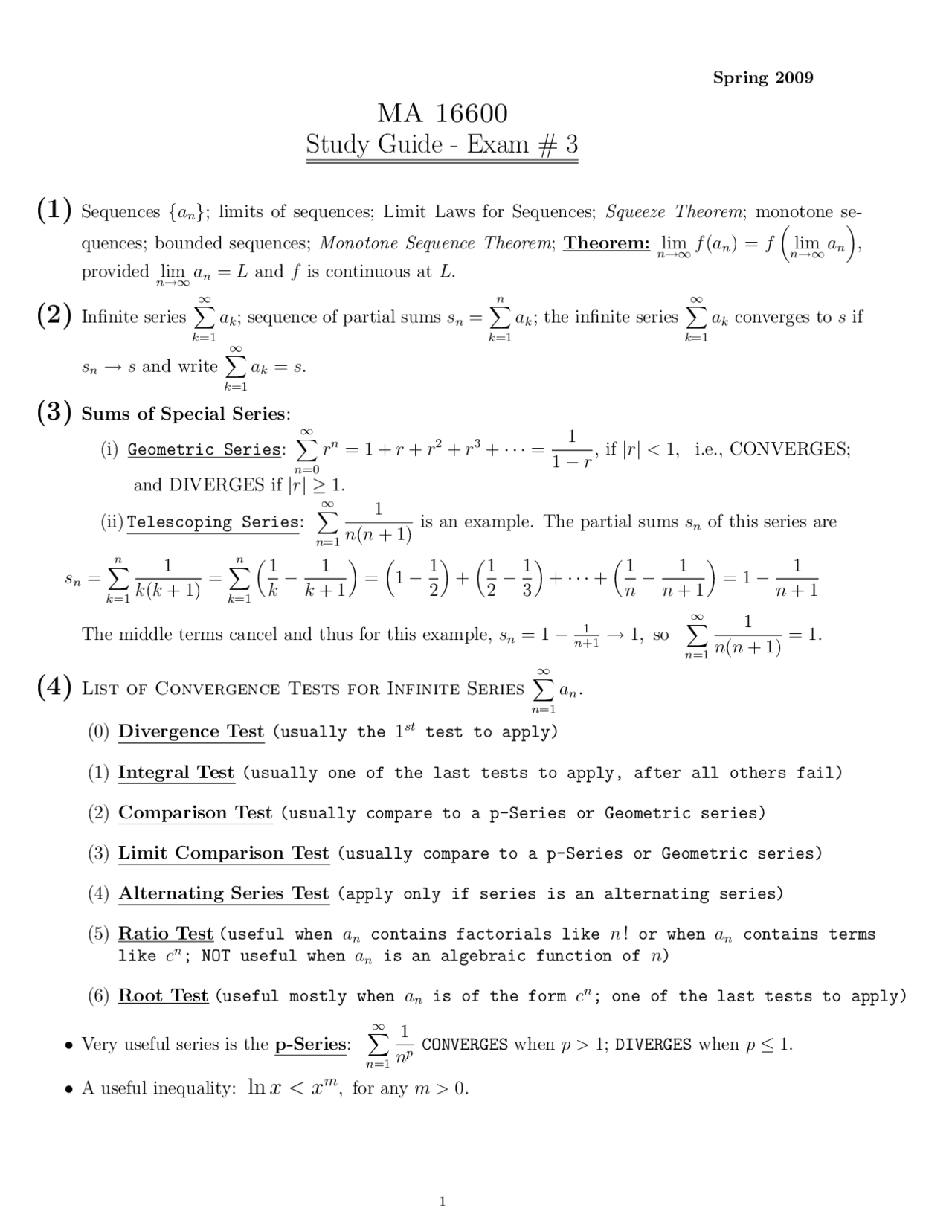 Study Guide for Exam 3 - Analytic Geometry And Calculus II | MA 16600 ...