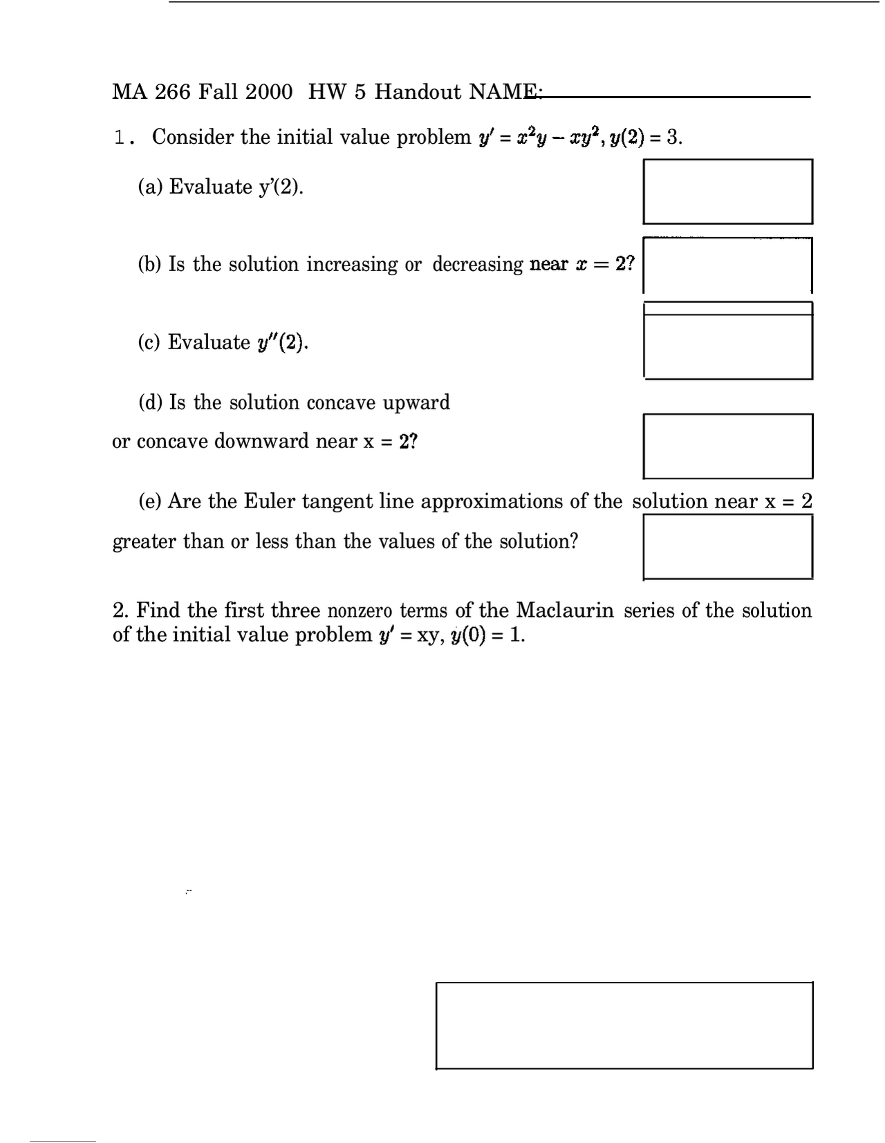 Homework 5 Questions For Ordinary Differential Equation Ma 26600