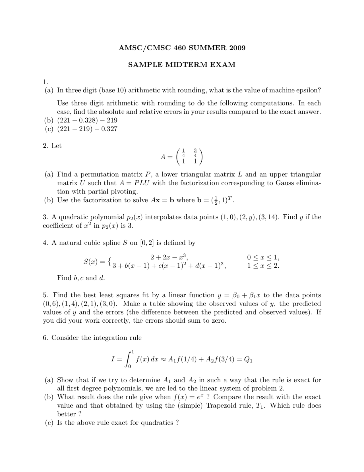 Sample Midterm Exam Questions Computational Methods Cmsc 460 Docsity