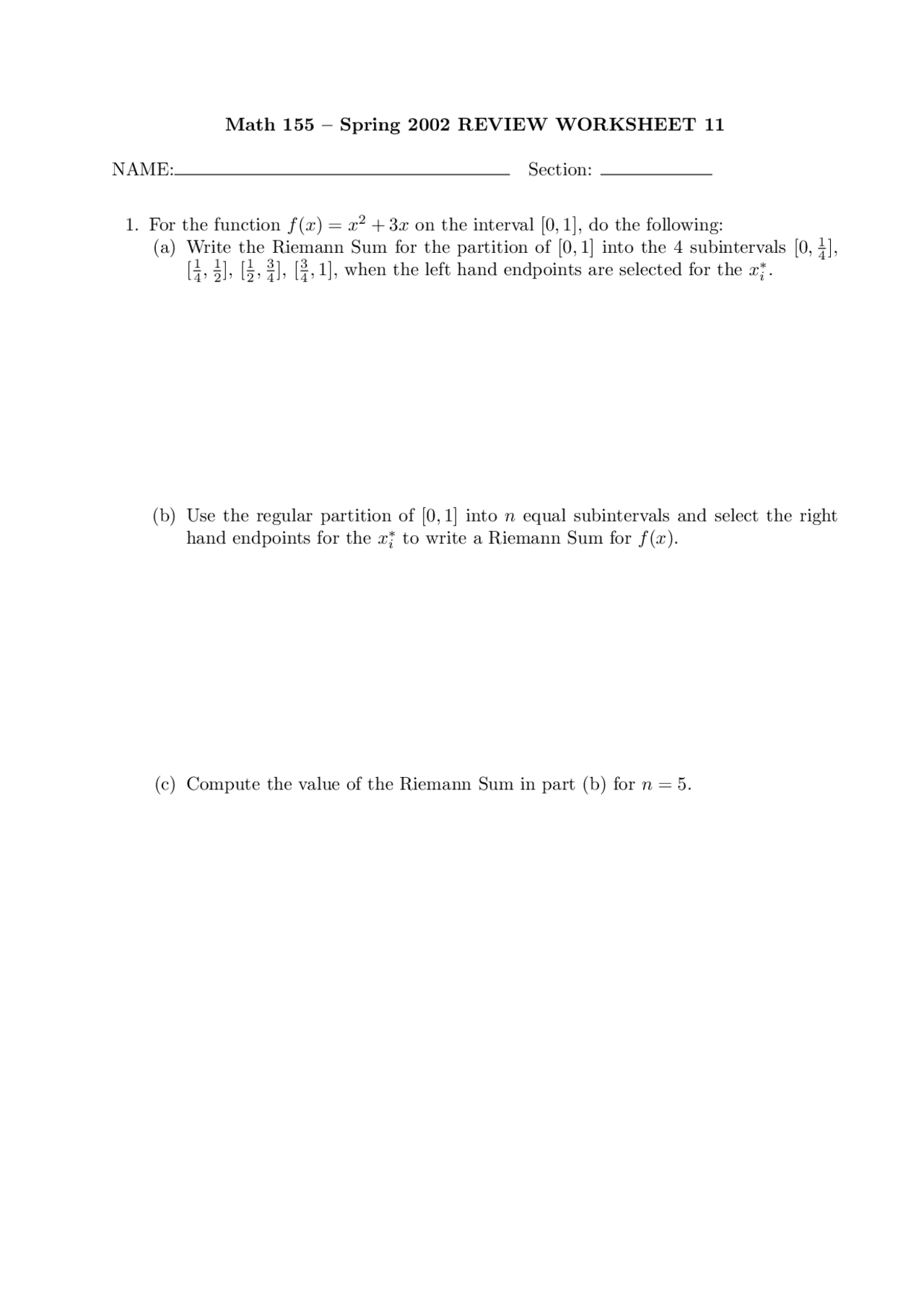 Review Worksheet 11 For Calculus I Fall 2007 Math 155 Docsity