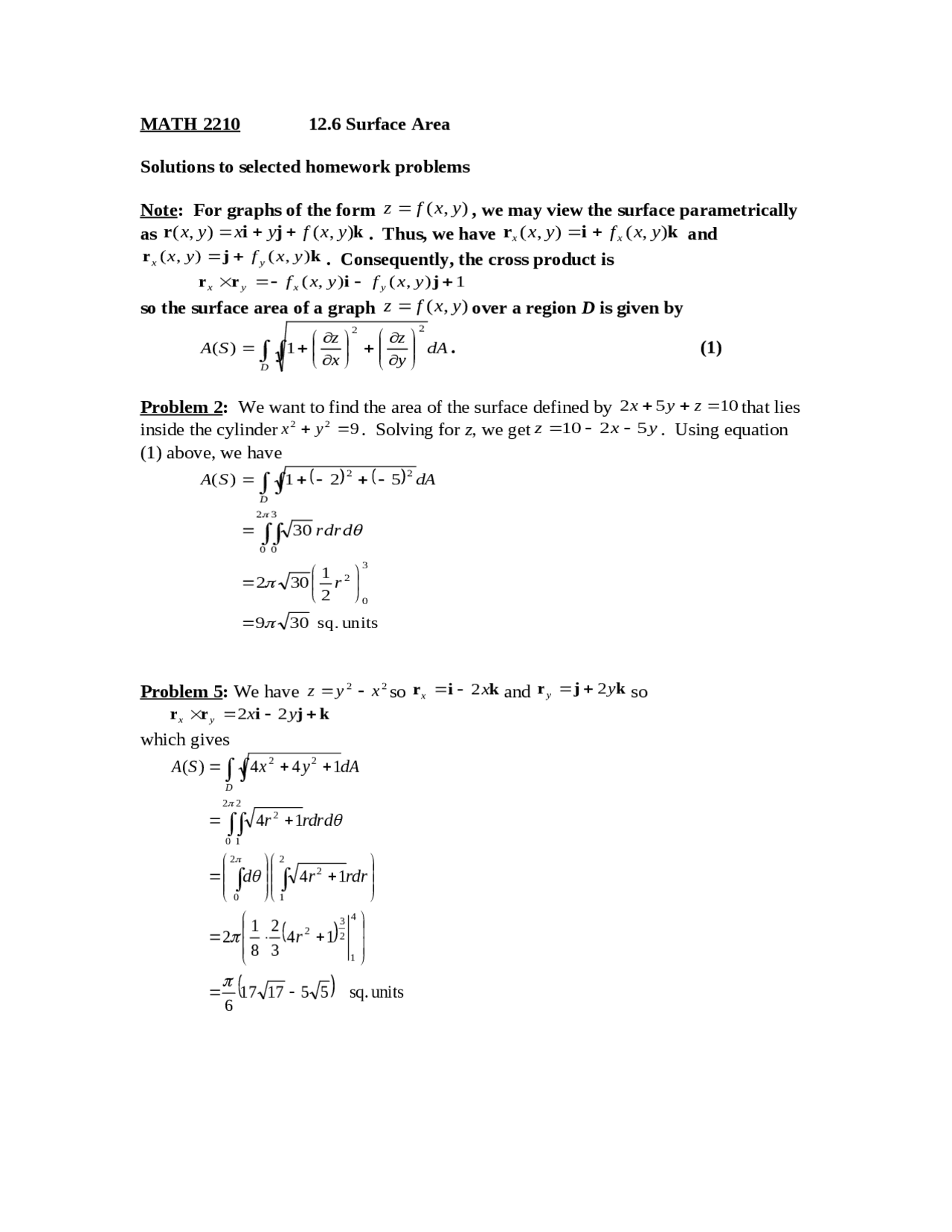 Solutions for Homework Problems - Multivariable Calculus | MATH 2210 - Docsity
