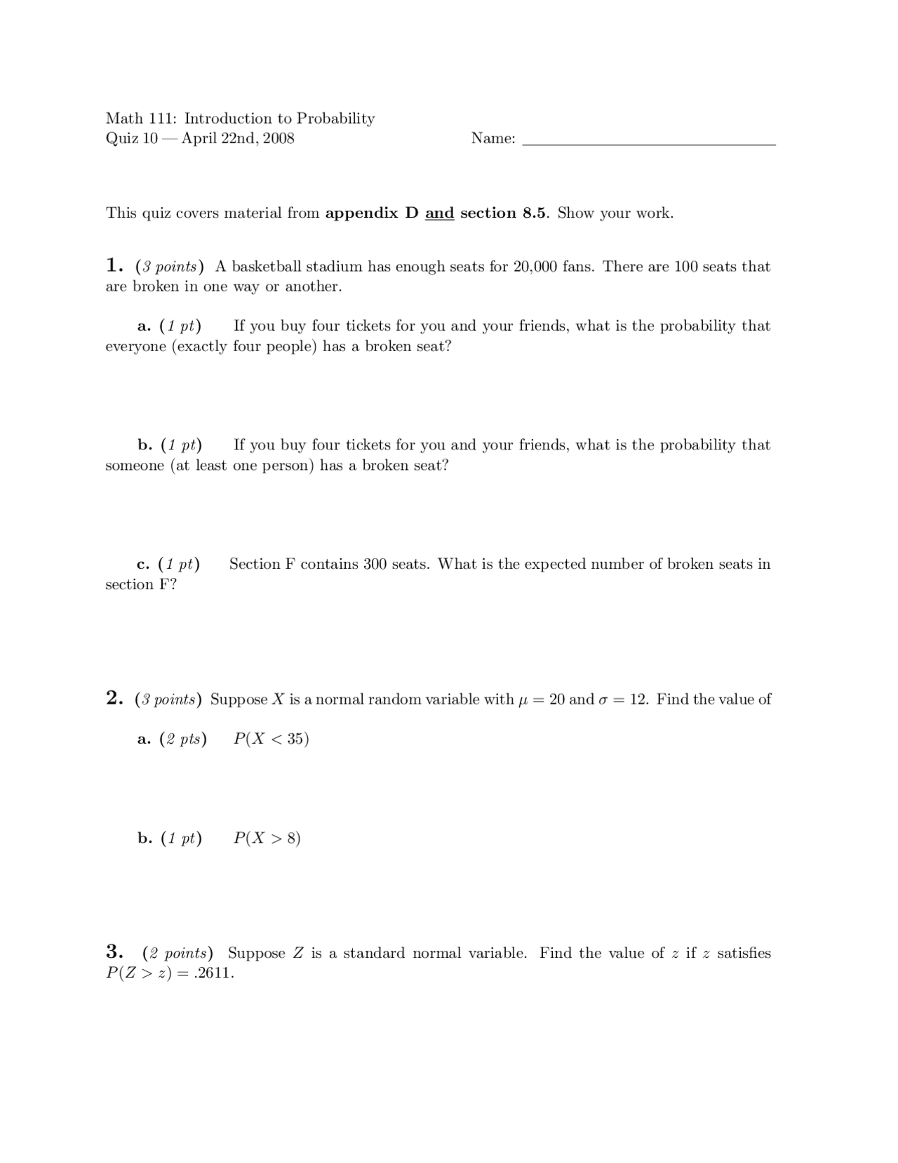 3 Questions of Introduction to Probability - Quiz 10 | MATH 111 - Docsity