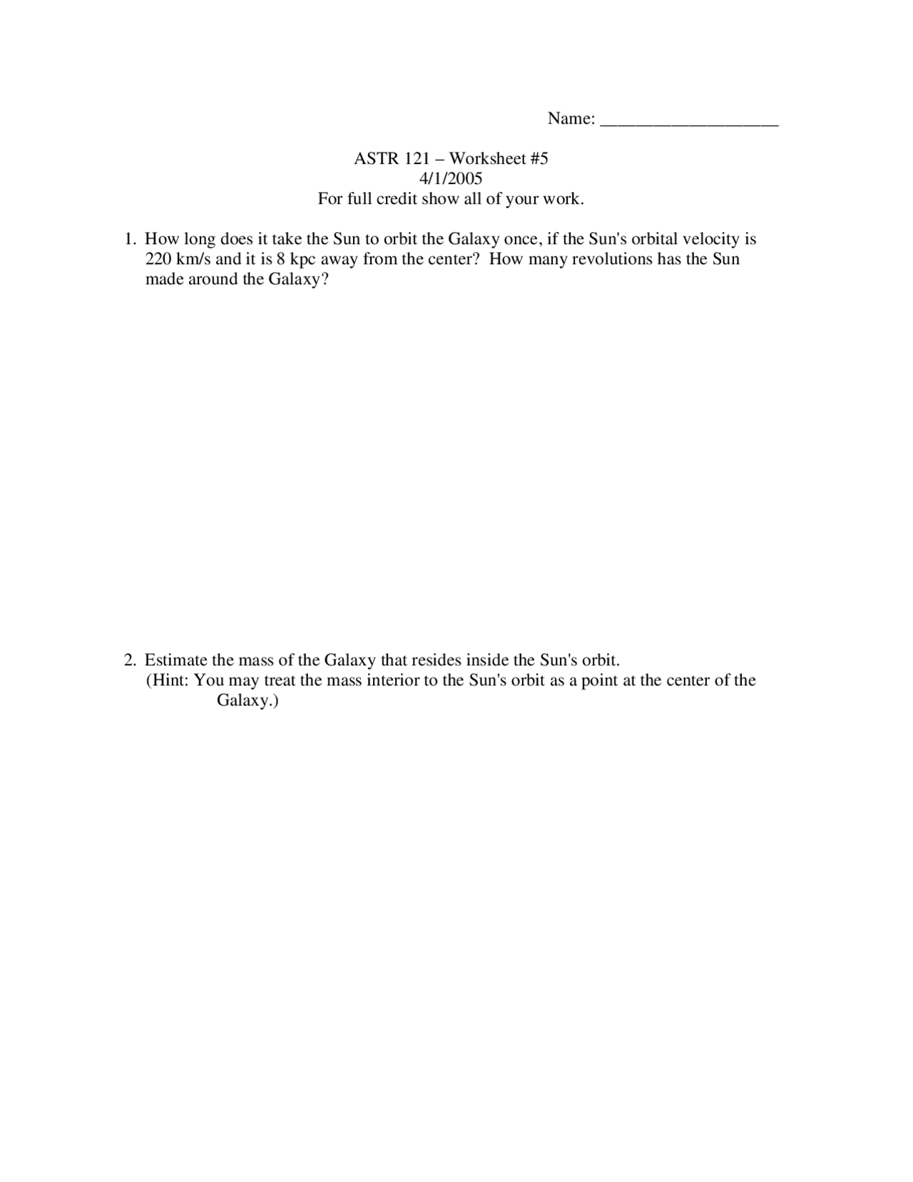 Worksheet 5 Introduction To Astrophysics Ii Astr 121 Docsity