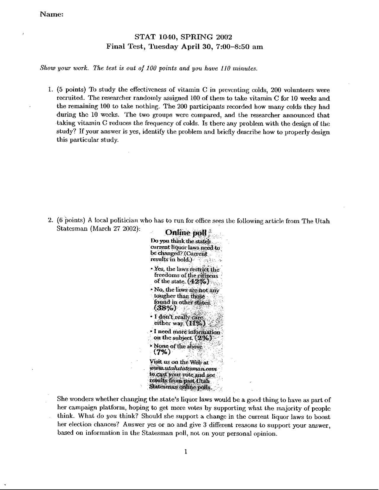Final Exam Questions Spring 2002 Introduction To Statistics Stat 1040 Docsity