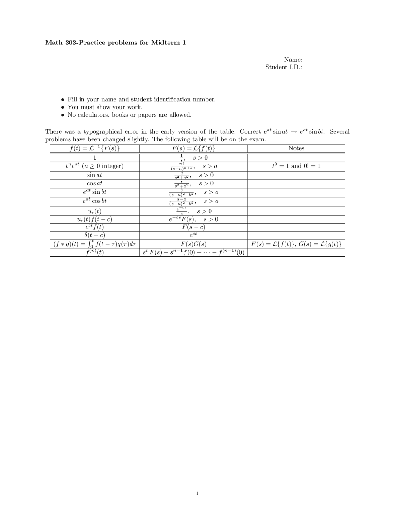 Practice Problems for Midterm Exam 1 - Differential Equations | MA ...
