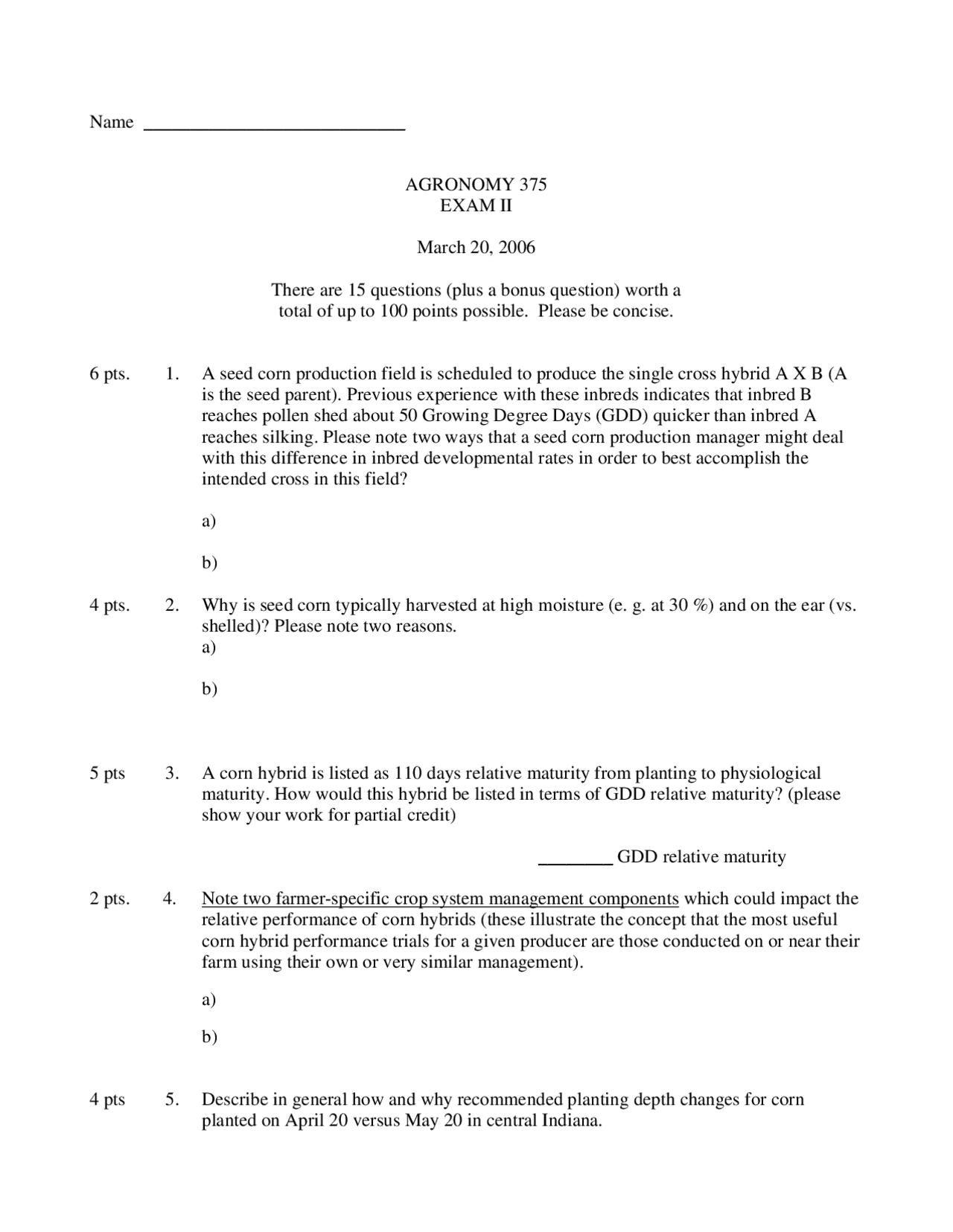 Old Exam Ii For Crop Production Systems Agry 37500 Docsity