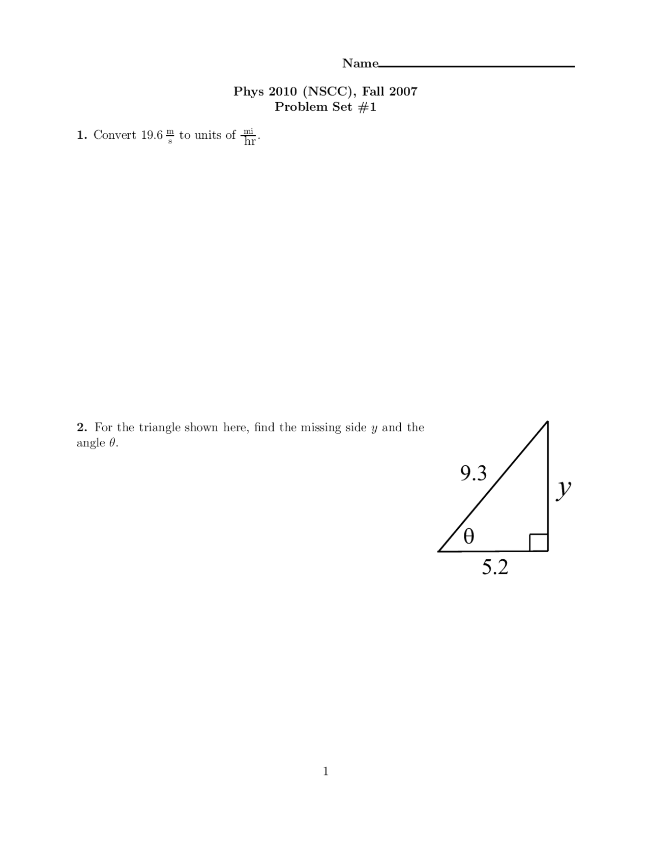 Algebra Based Physics I Problem Set 1 Phys 2010 Docsity