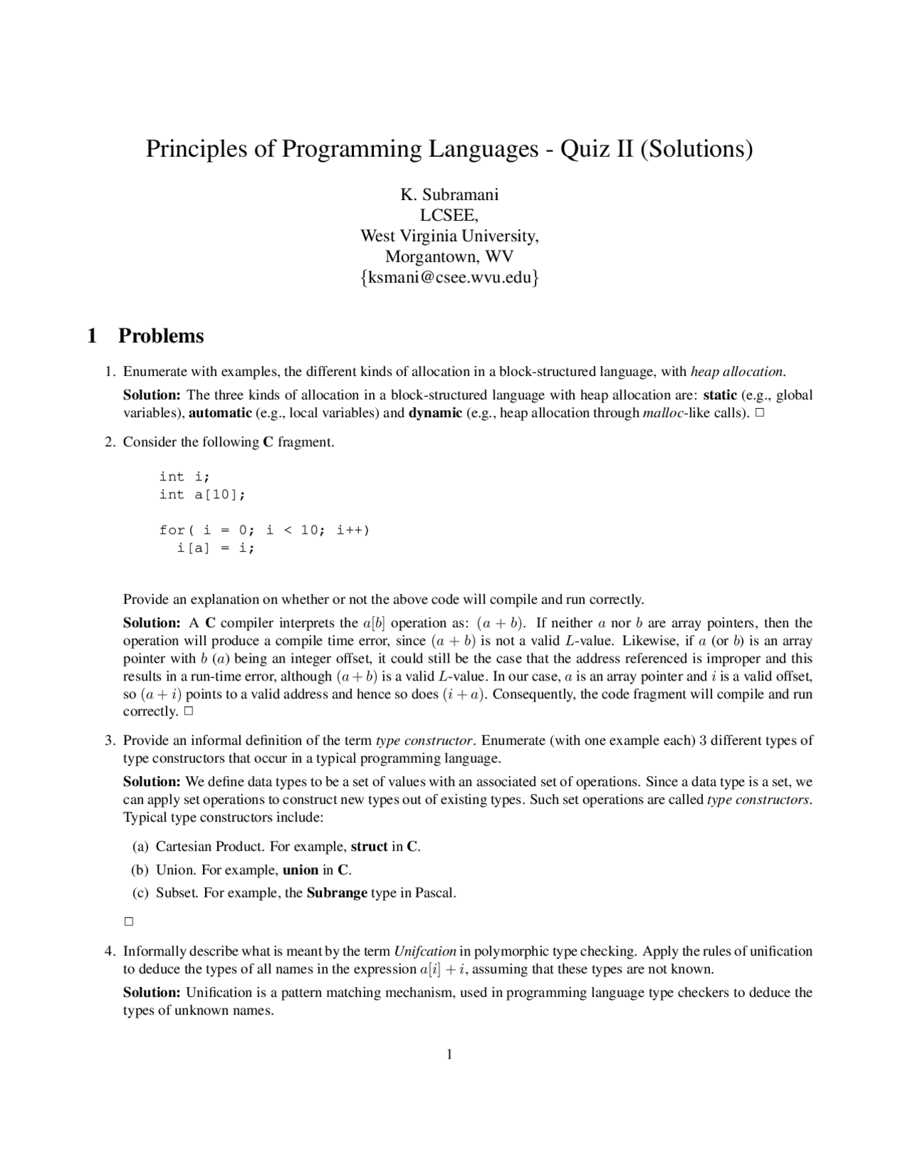 Quiz 2 Solutions Principle Programming Language Cs 310 Docsity