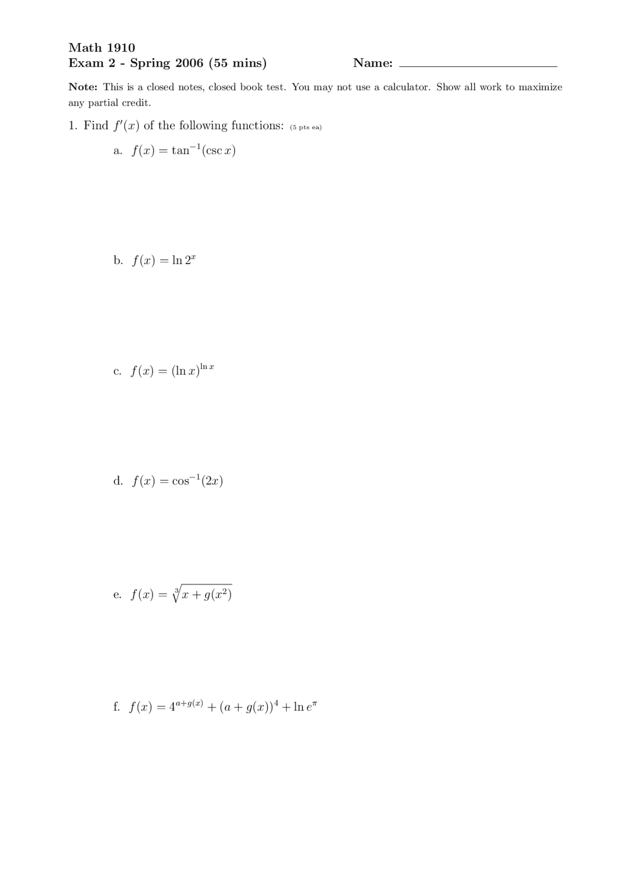 Questions of Derivatives of Calculus I - Exam 2 | MATH 1910 - Docsity