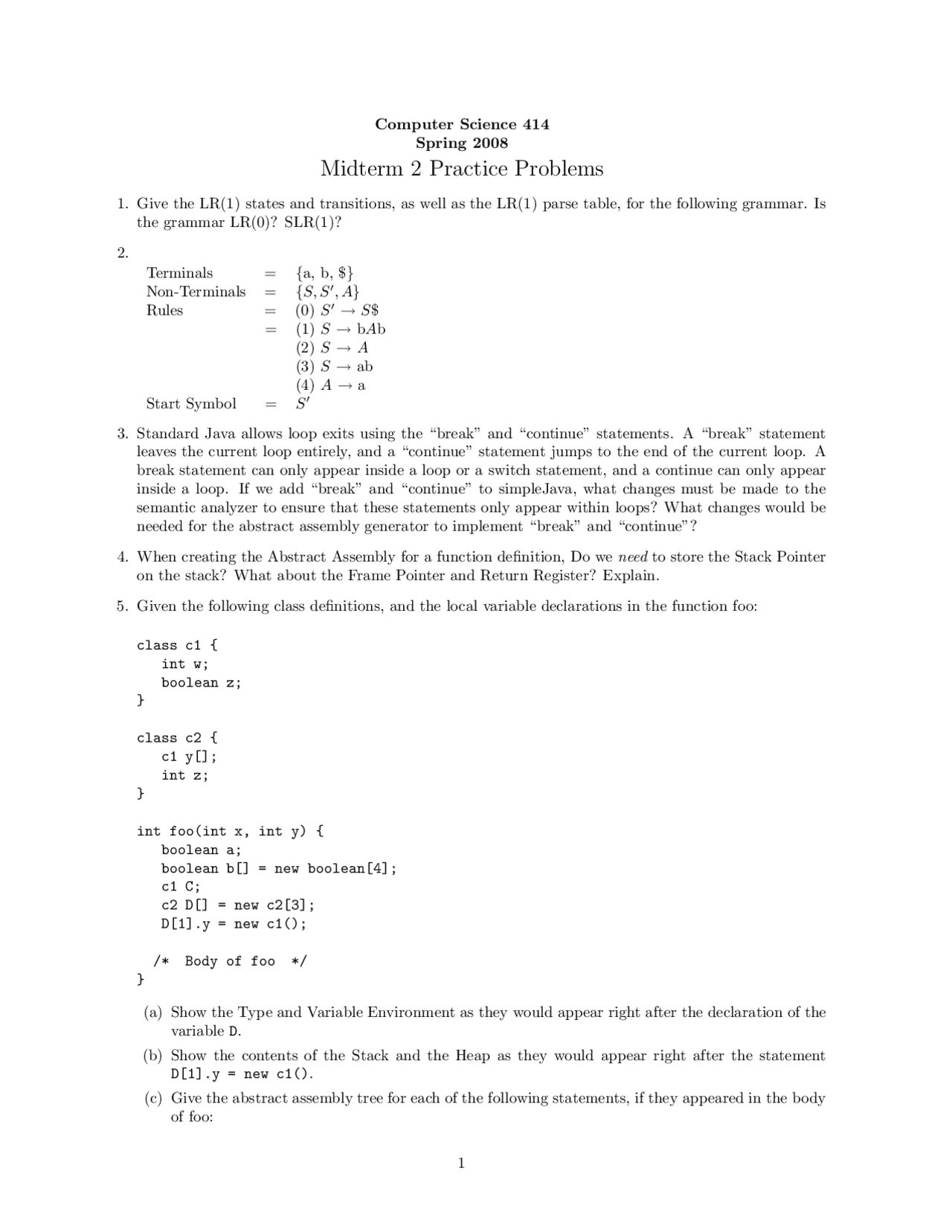 Midterm Examination Questions Compilers Cs 414 Papers Computer Science Docsity