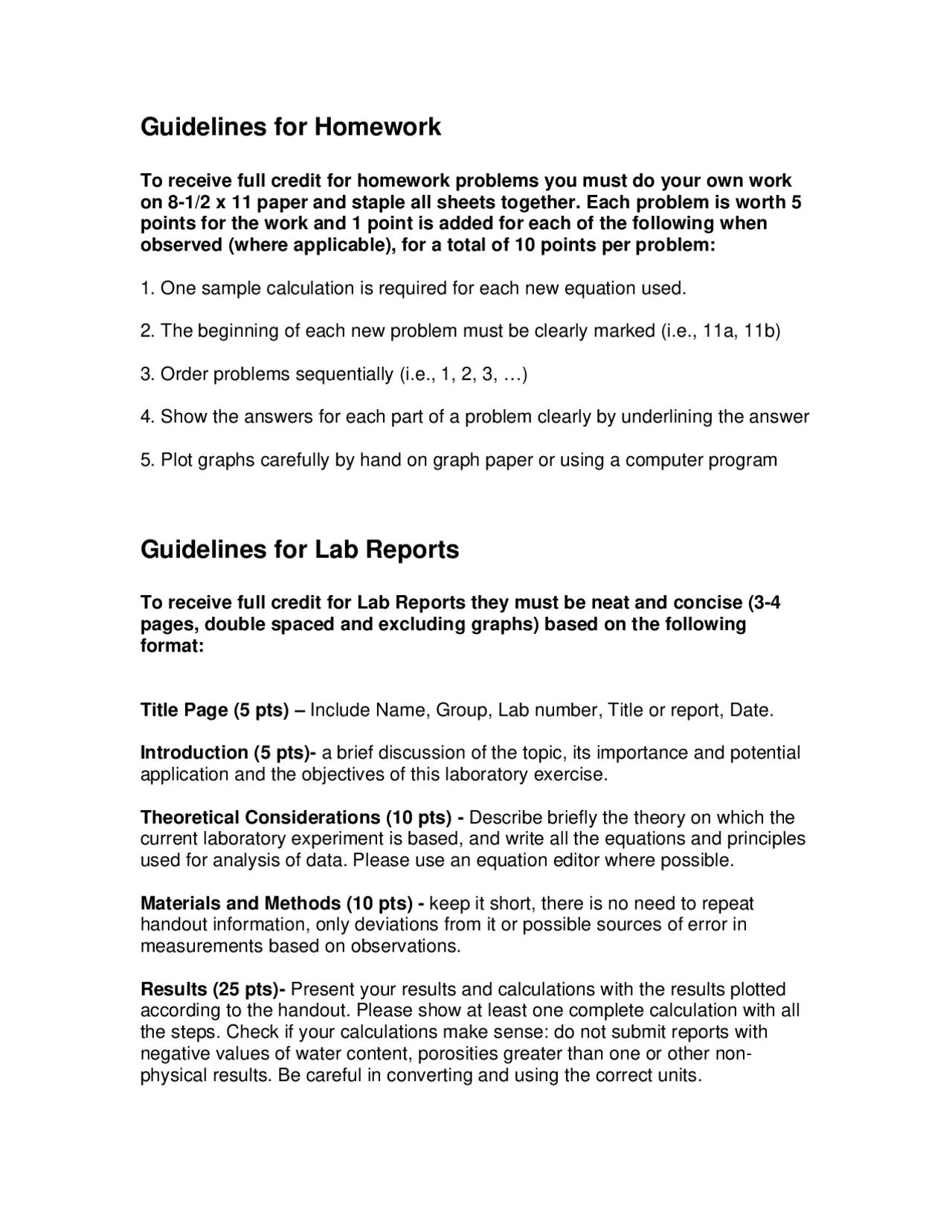Guidelines for Homework, Guidelines for Lab Reports | SOIL 5650 - Docsity