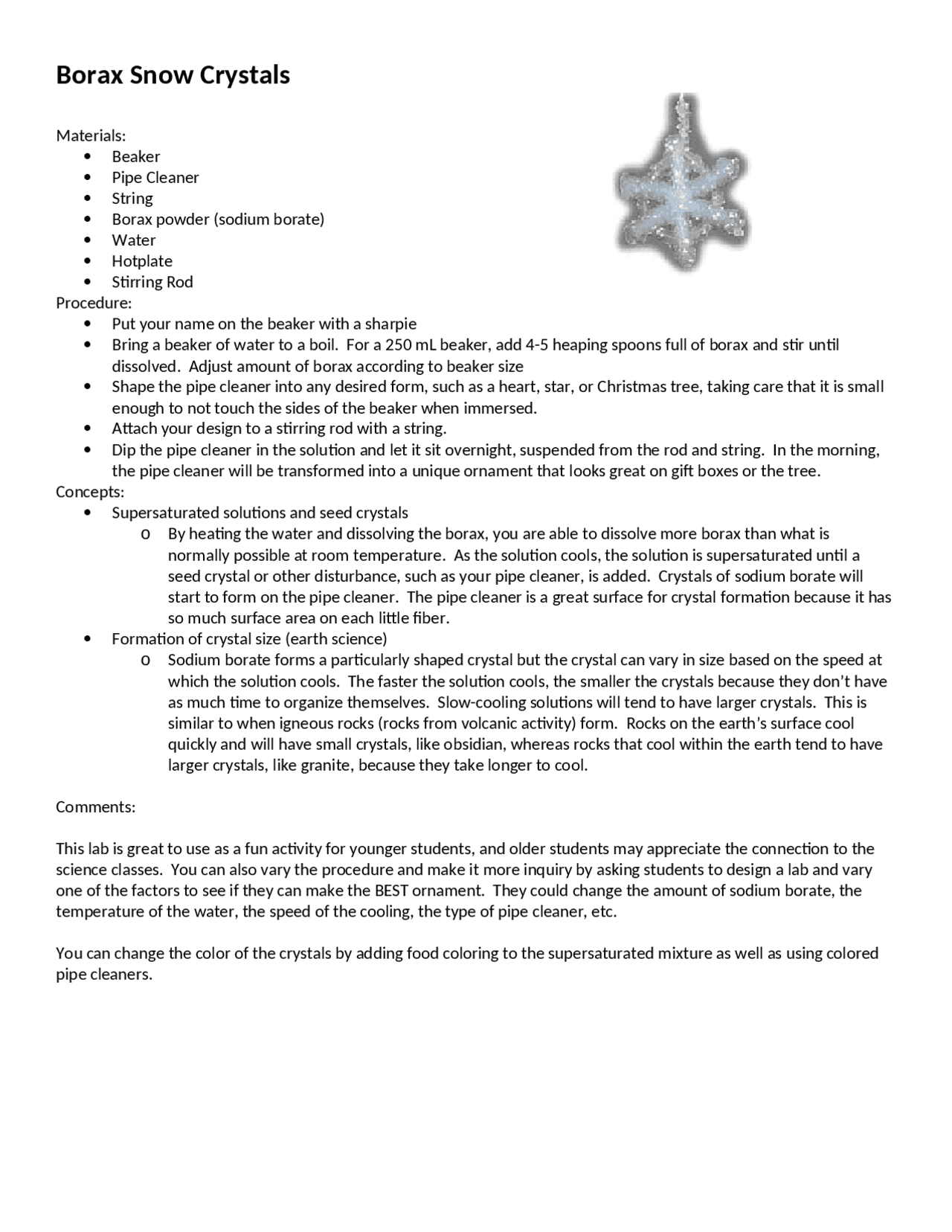 Borax Snow Crystals - Experimental Chemistry II | CHEM C1260 - Docsity