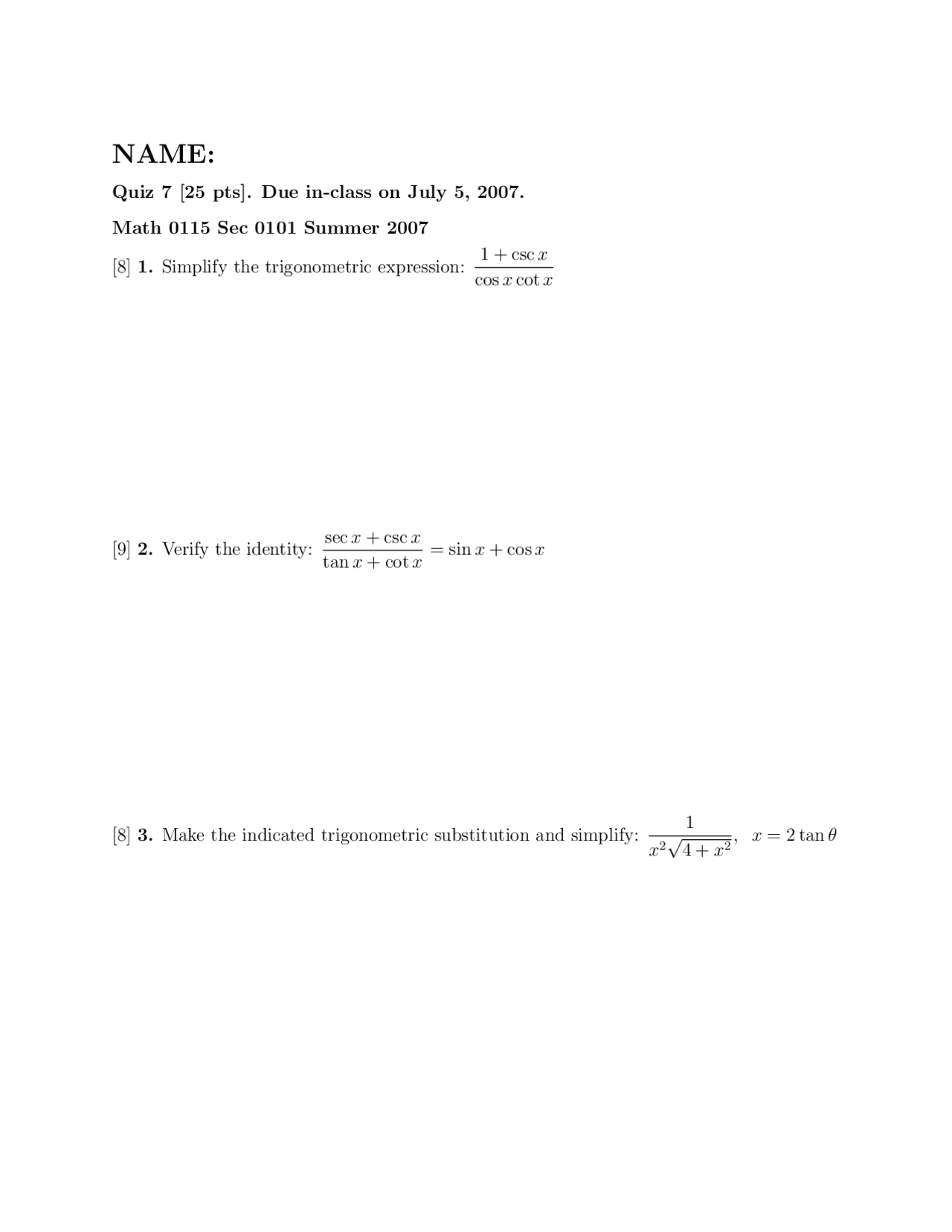 3 Problems On Trigonometric Substitution Quiz 7 Math 115 Docsity