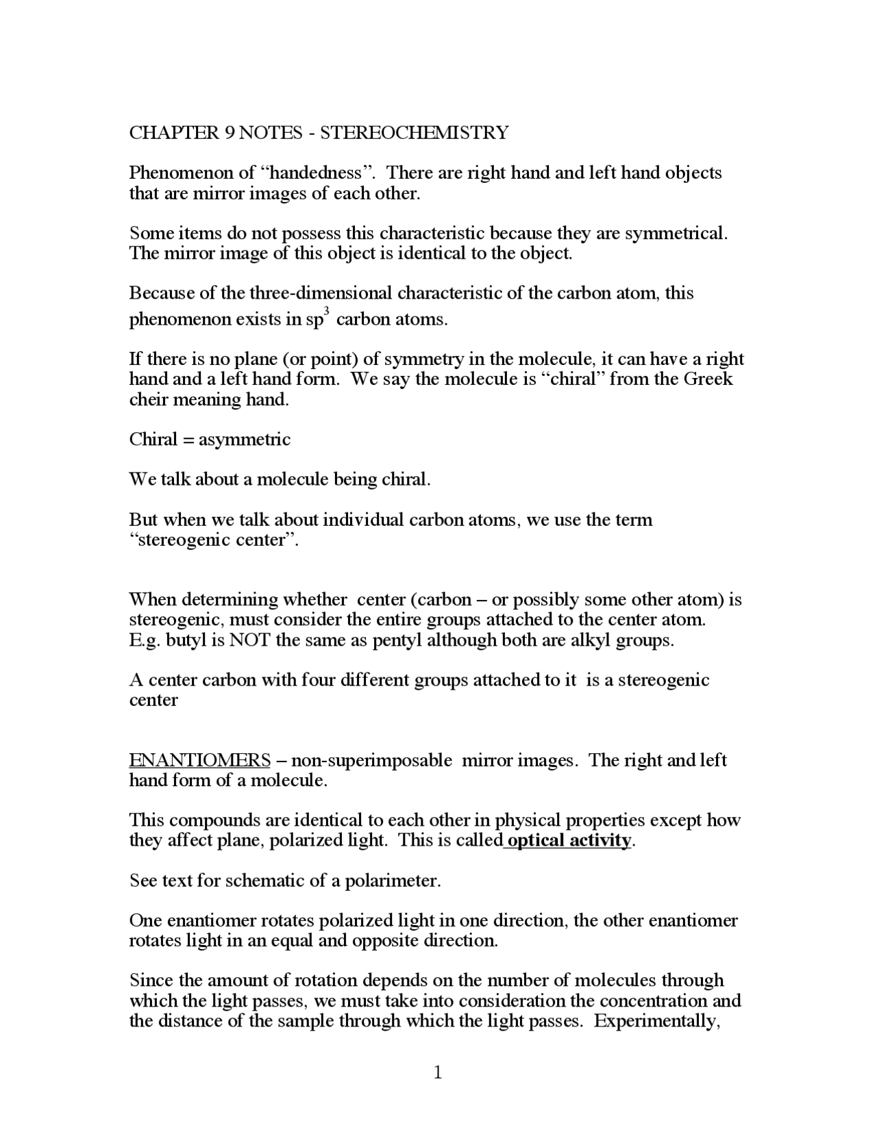 Lecture Notes on Stereochemistry - Organic Chemistry I | CHEM 233 - Docsity