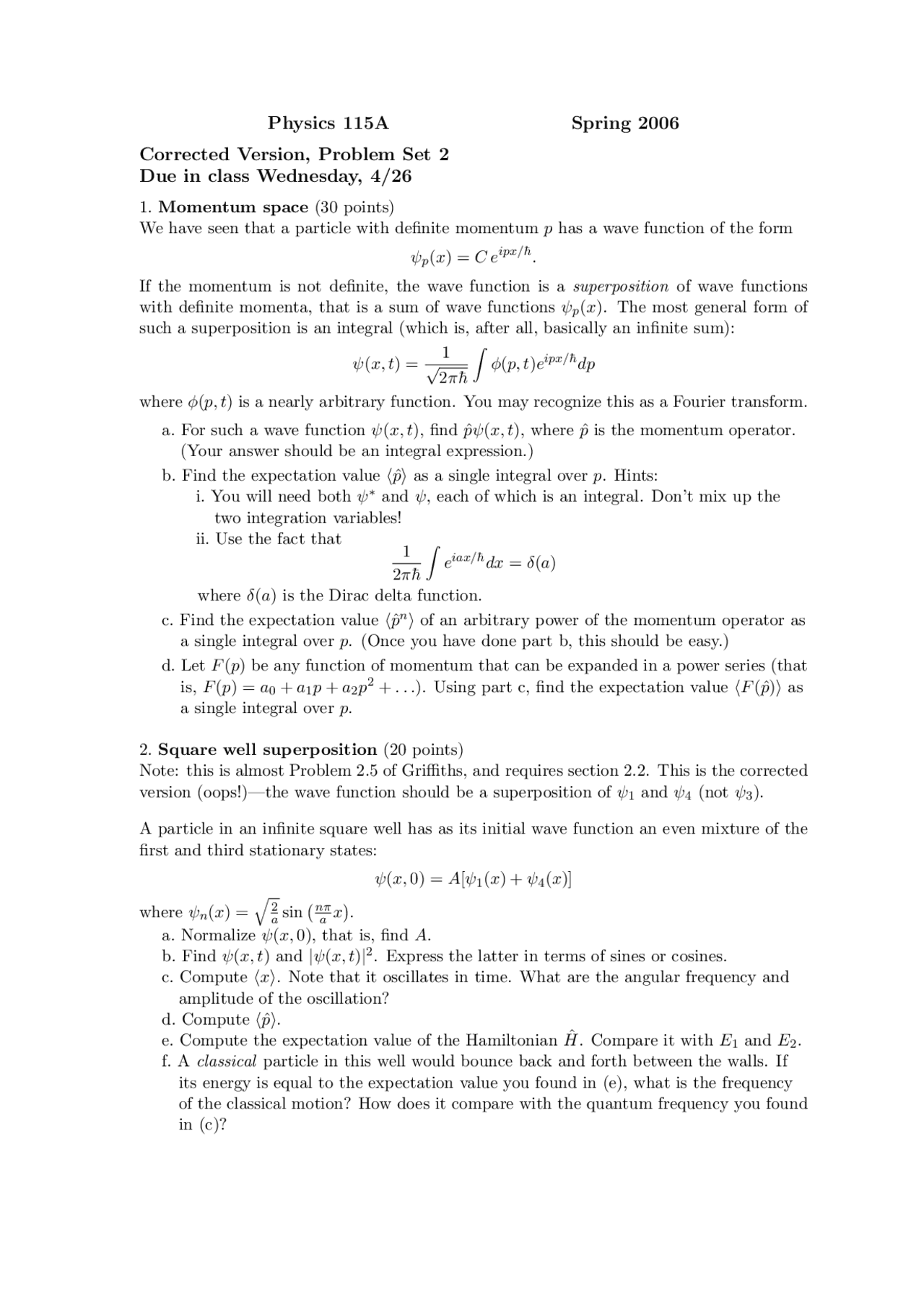 Problem Set 2 Corrected Version - Quantum Mechanics | PHY 115A | Assignments Quantum Mechanics ...
