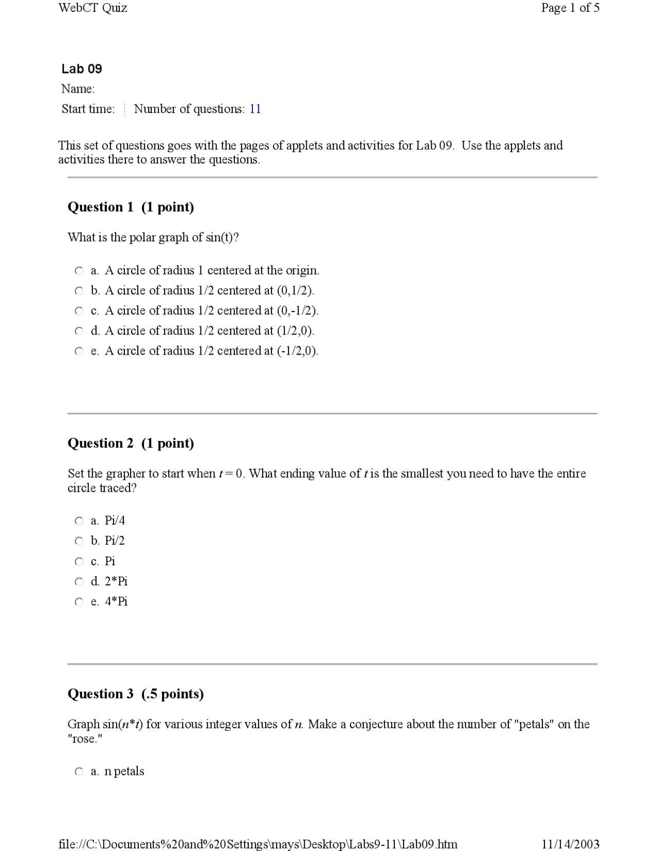 Lab Quiz 9 Plane Trigonometry Math 128 Docsity