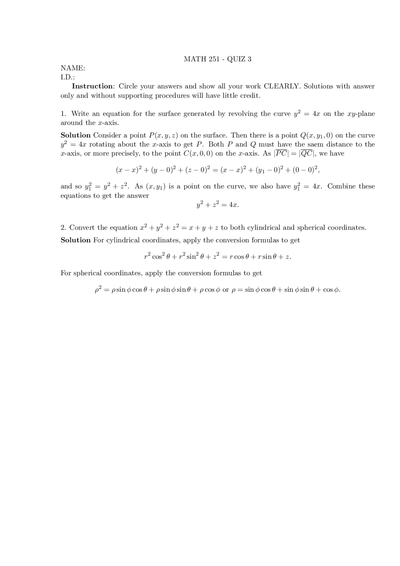Solutions To Quiz 3 For Multivariable Calculus Math 251 Docsity